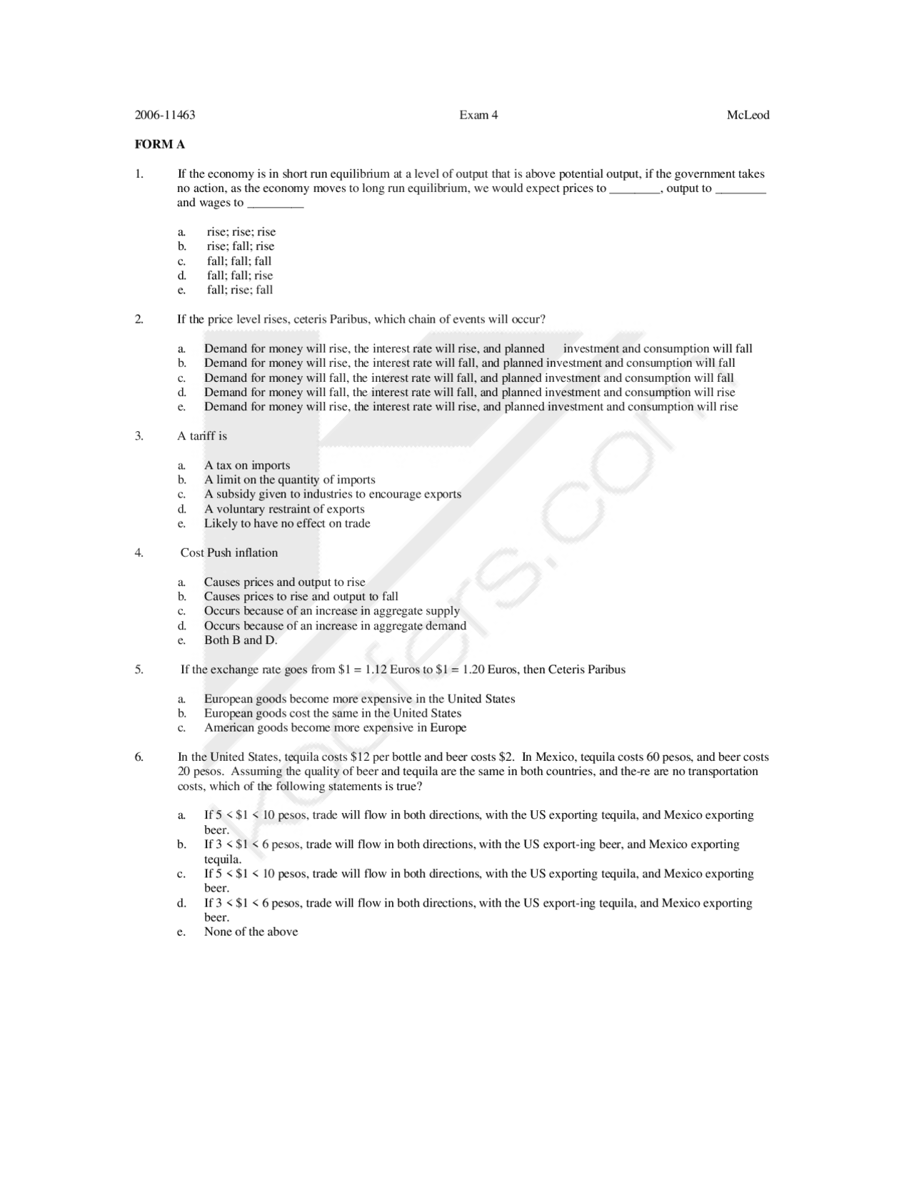 25 Mcqs With Answer Key Exam 4a Econ 2006 Docsity