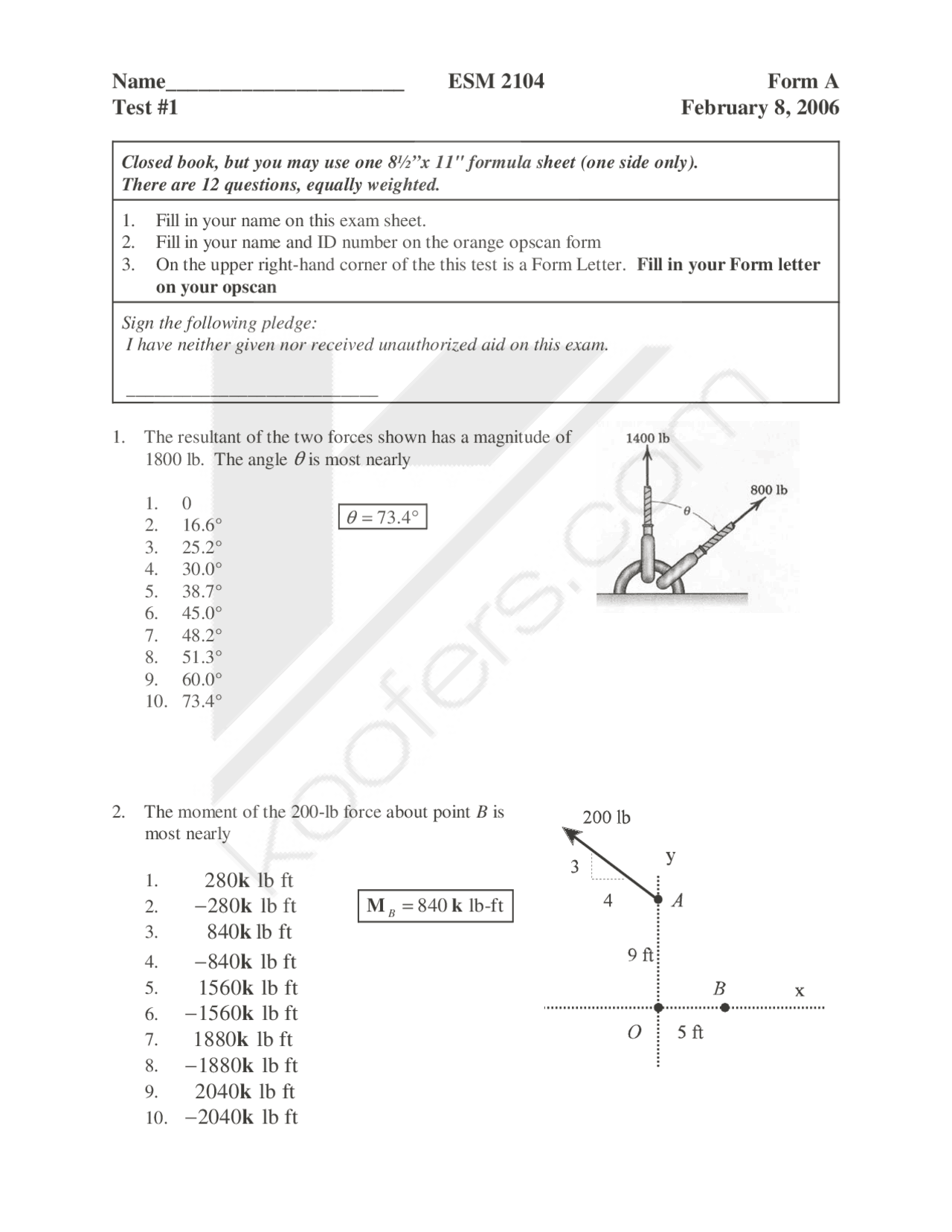 Test 1 Form A Statistics Fall 2006 Esm 2104 Docsity