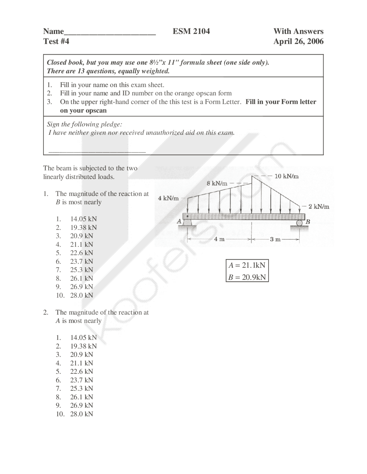 13 Questions On Statics With Answers Exam 4 Spring 2006 Esm