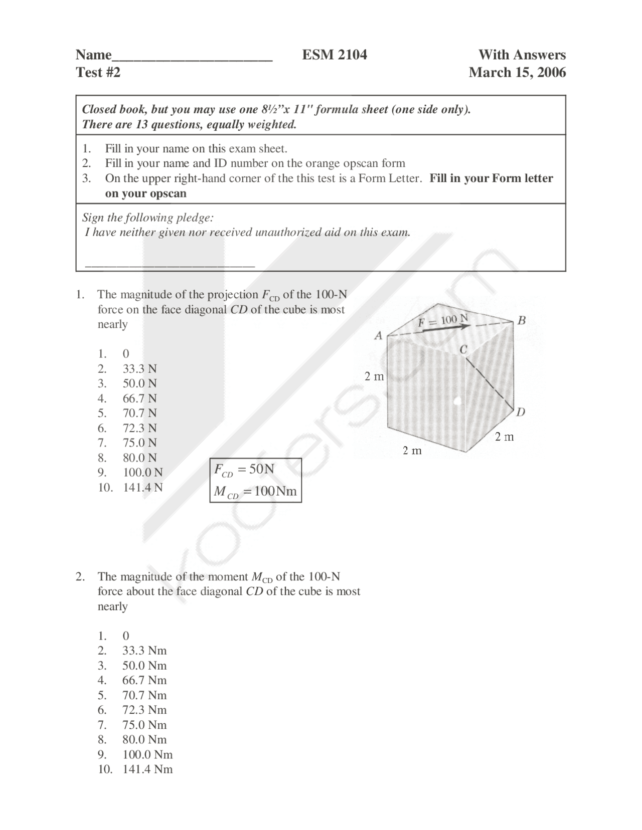 Practice Test 2 With Answer Key Statics Esm 2104 Docsity