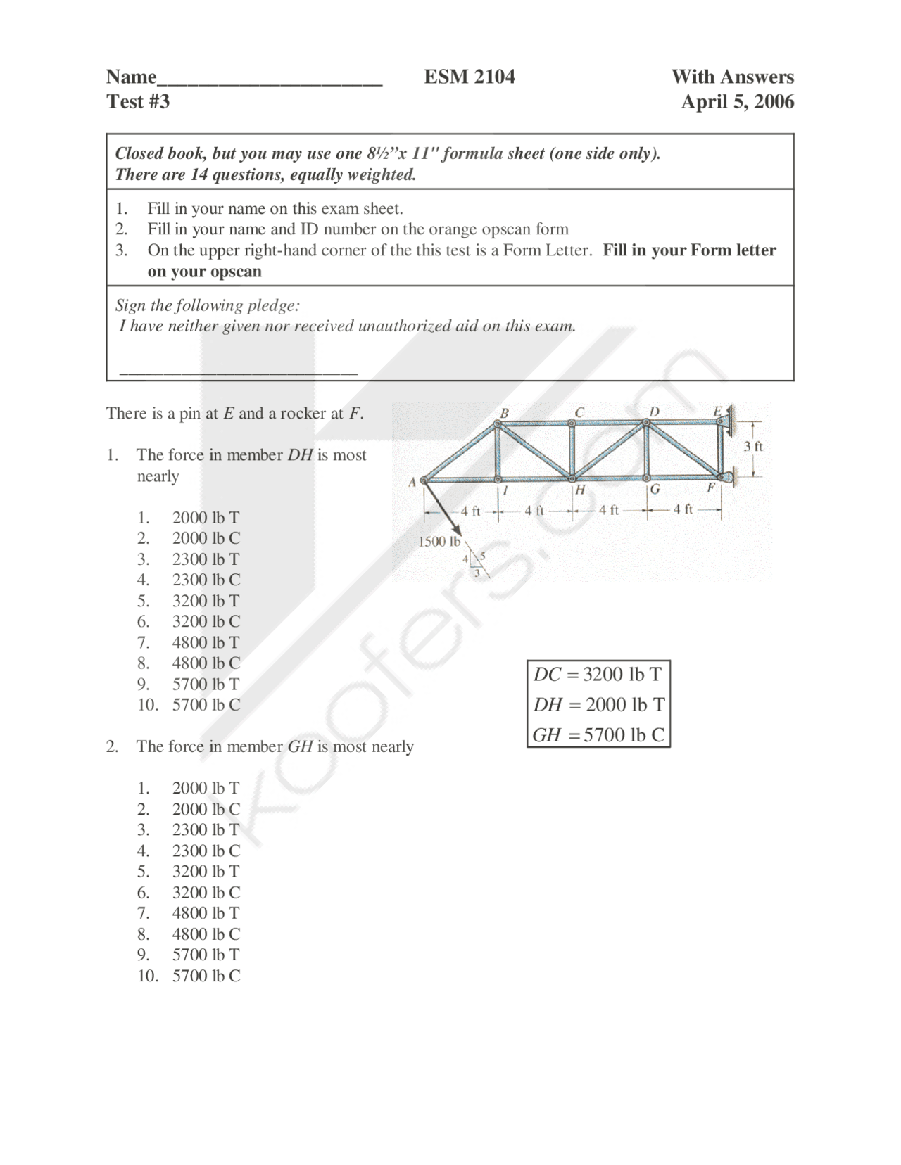 Solution Manual For Test 3 Statics Fall 2006 Esm 2104 Docsity