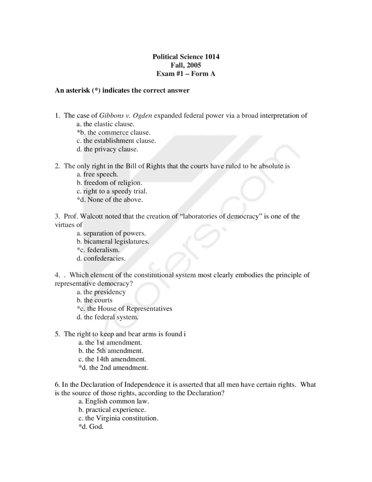 Exam 1 Form A Solutions Political Science Fall 2005 Psci 1014