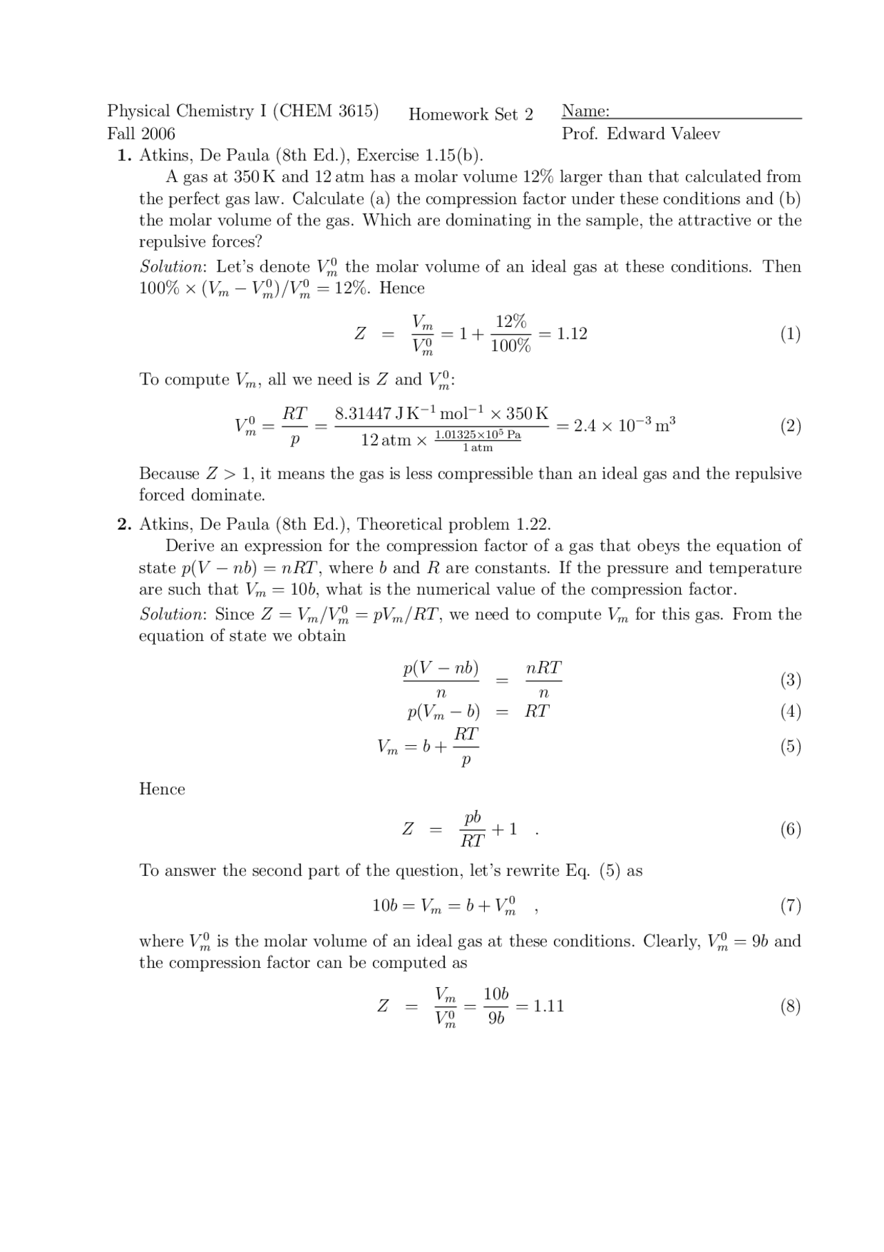Assignment 2 Physical Chemistry Chem 3615 Docsity