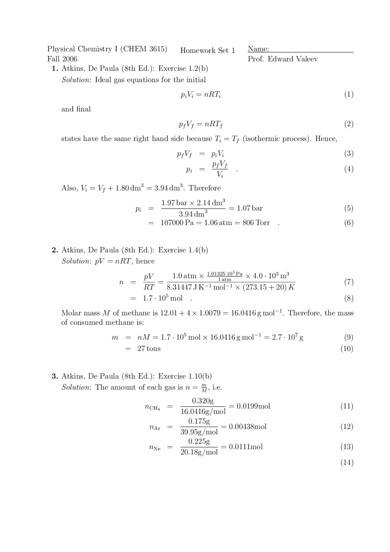 Physical Chemistry I Assignment Chem 3615 Assignments Physical
