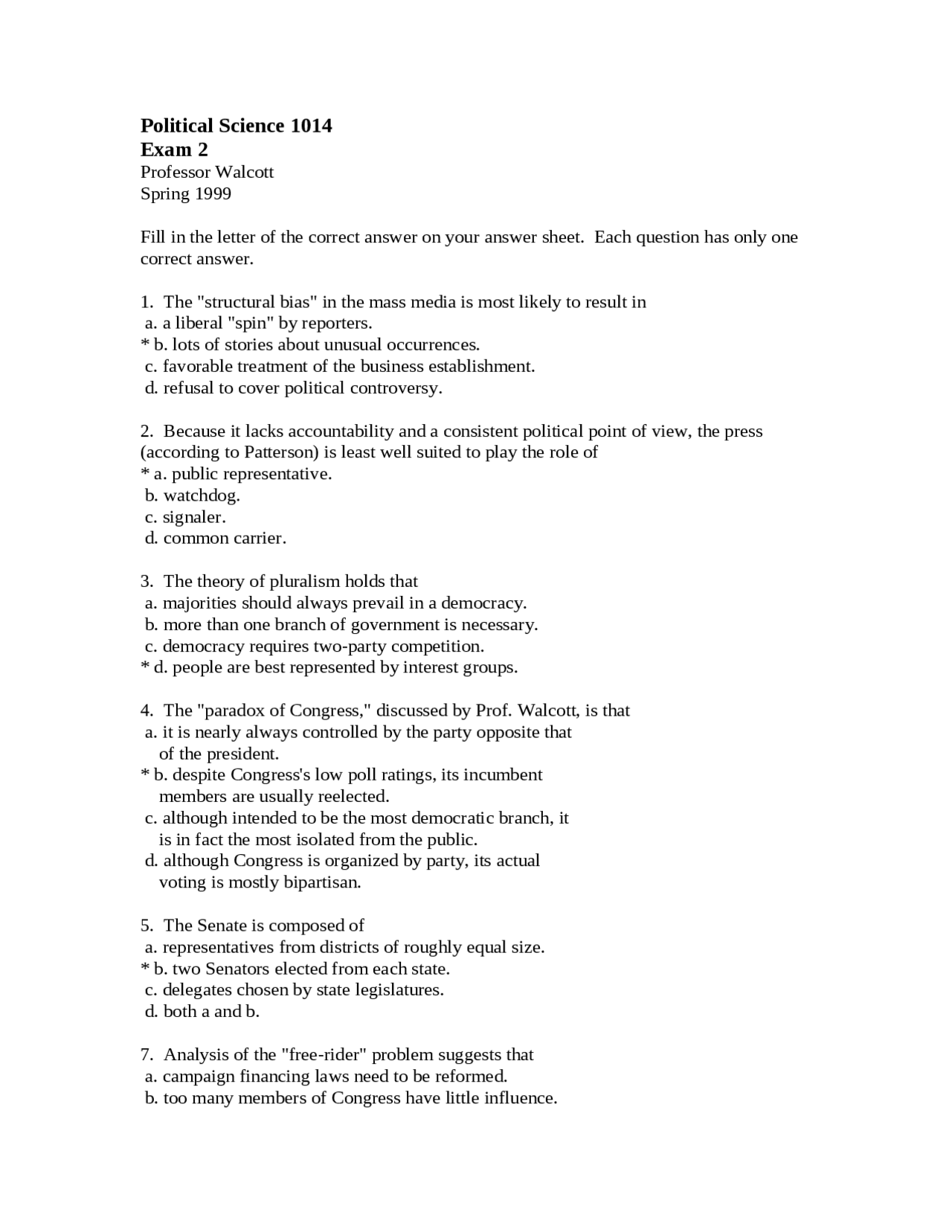 Exam 2 Solved Political Science Fall 1998 Psci 1014 Docsity