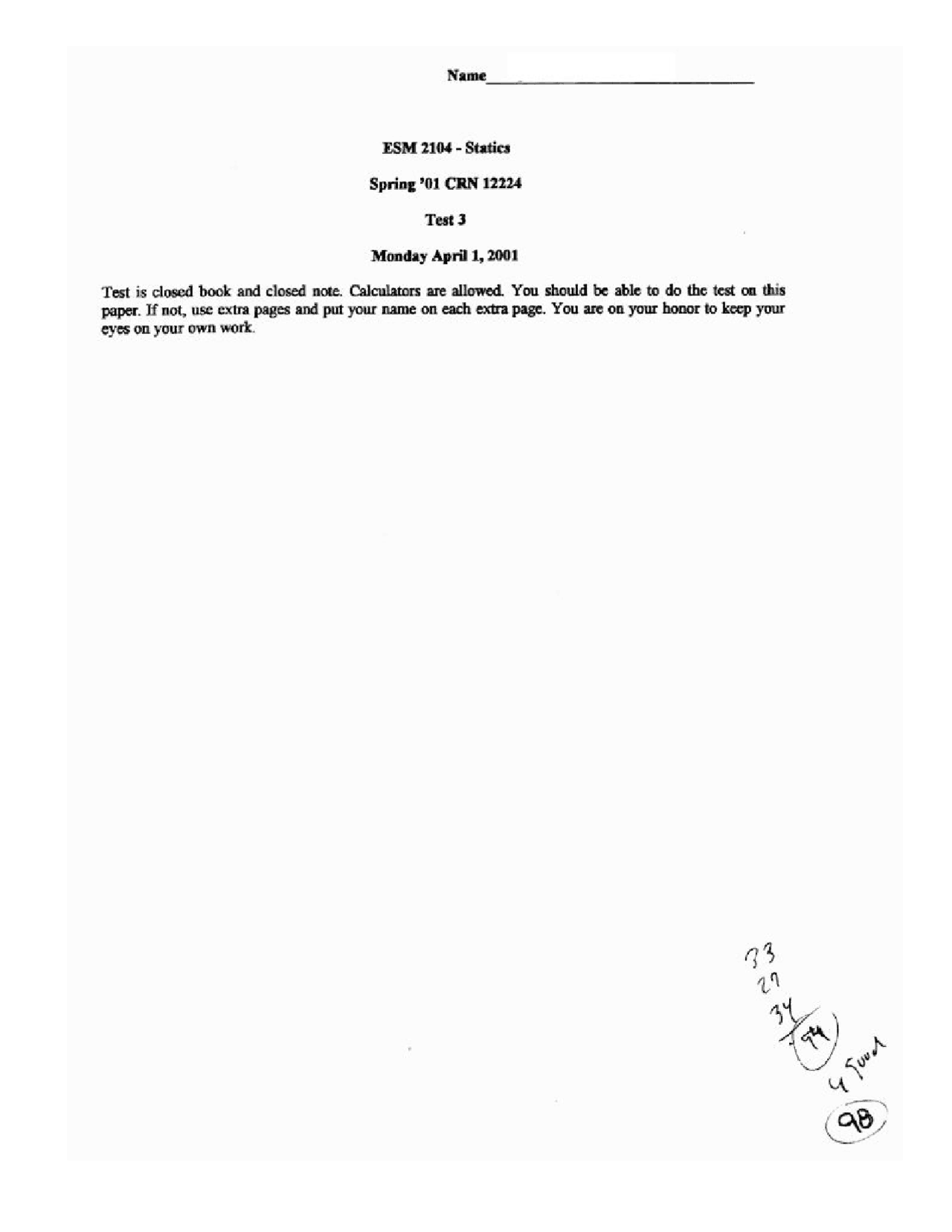 Exam 3 With Answers To Problems Statics Esm 2104 Docsity