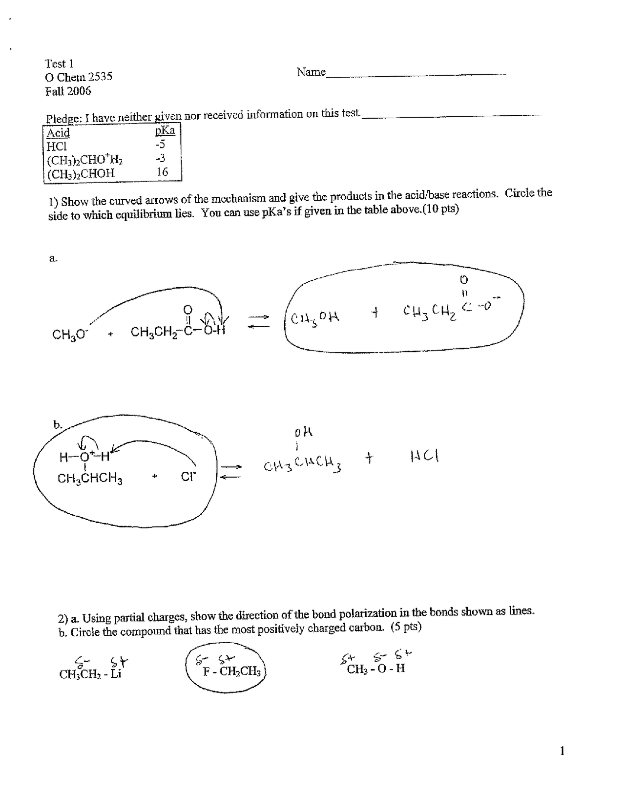 Test 1 - Organic Chemistry - Fall 2006 | CHEM 2535 - Docsity