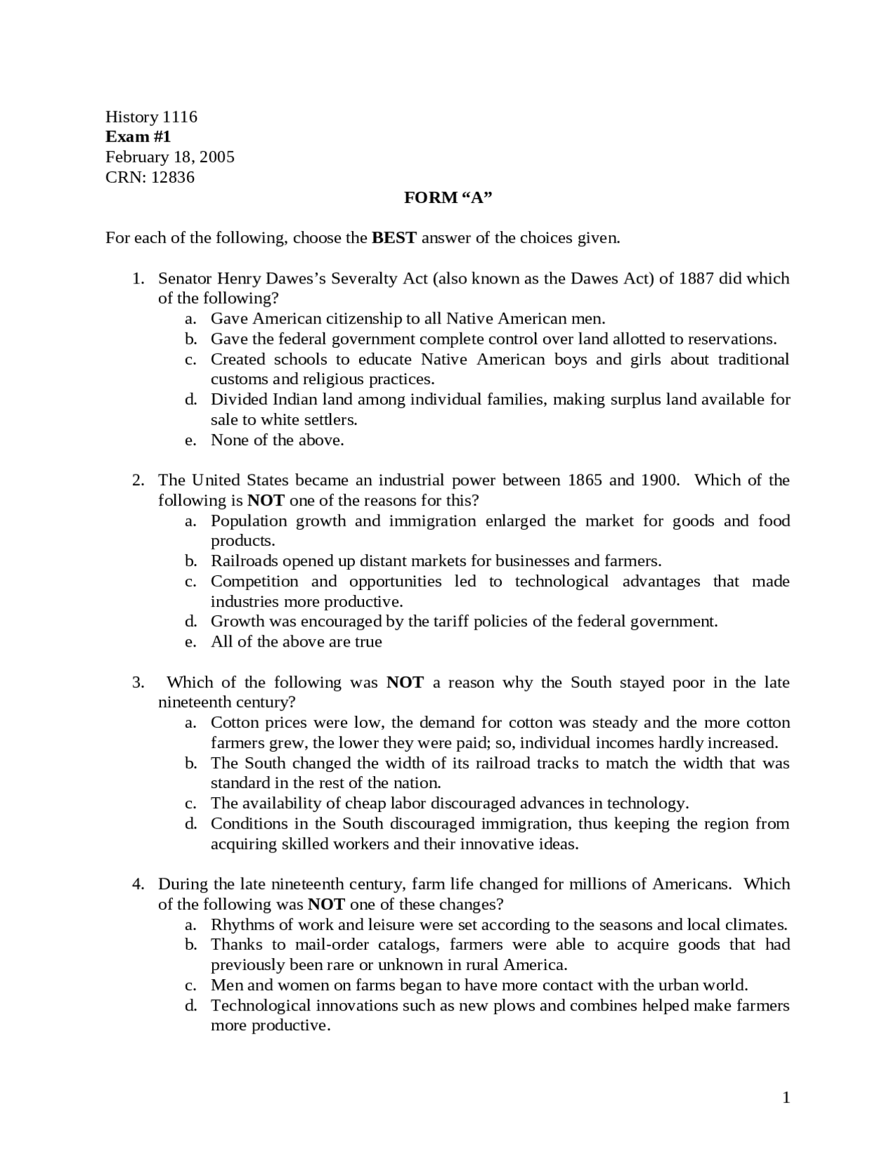 Sample Exam 1 Form A History Of The United States Hist 1116 Docsity
