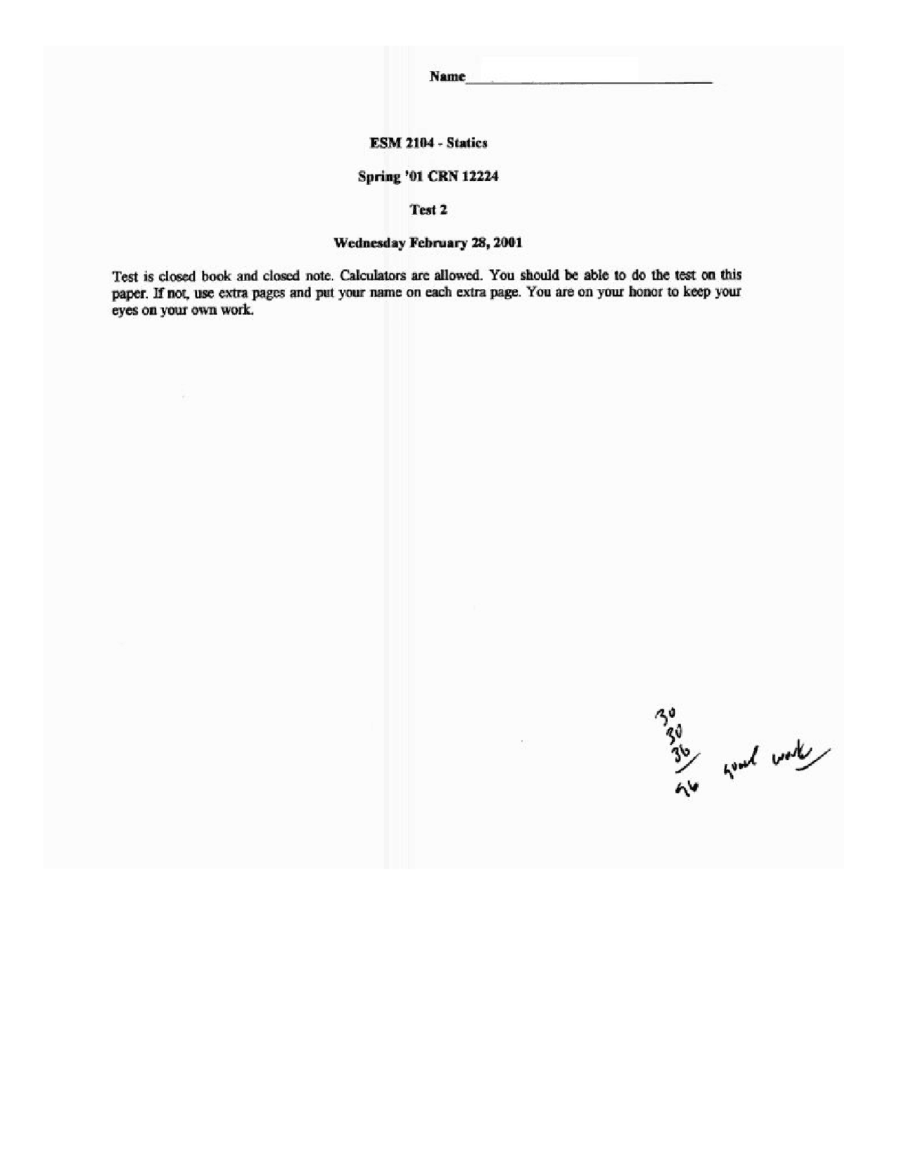 Test 2 With Answer Key For Statics Esm 2104 Docsity