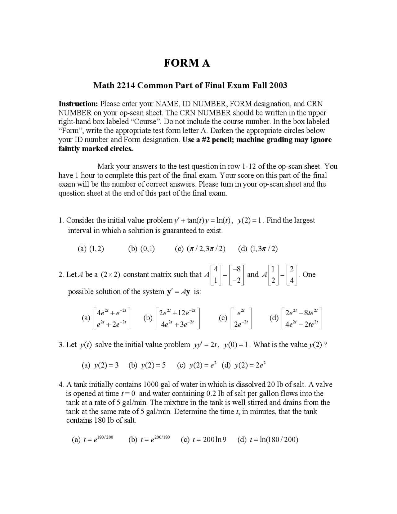 12 Questions On Introduction To Differential Equations For Final Math