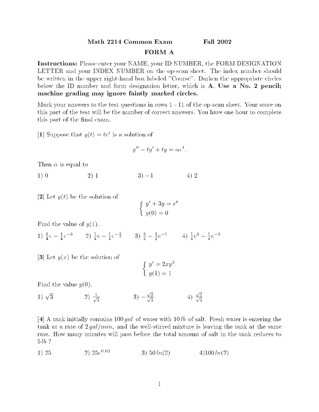 Final Exam Form A Differential Equations Fall 2002 Math 2214