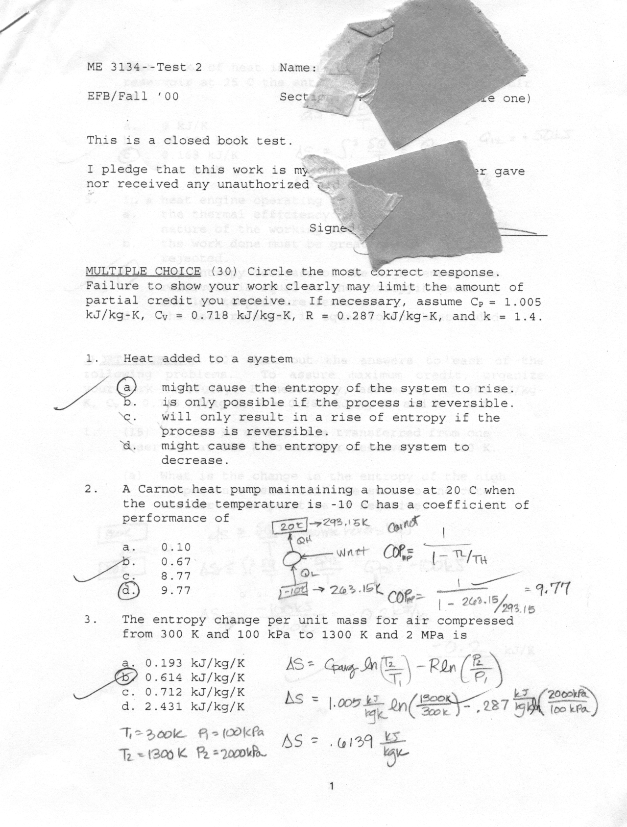 Test 2 Solution Key Fundamentals Of Thermodynamics Fall 2000 Me