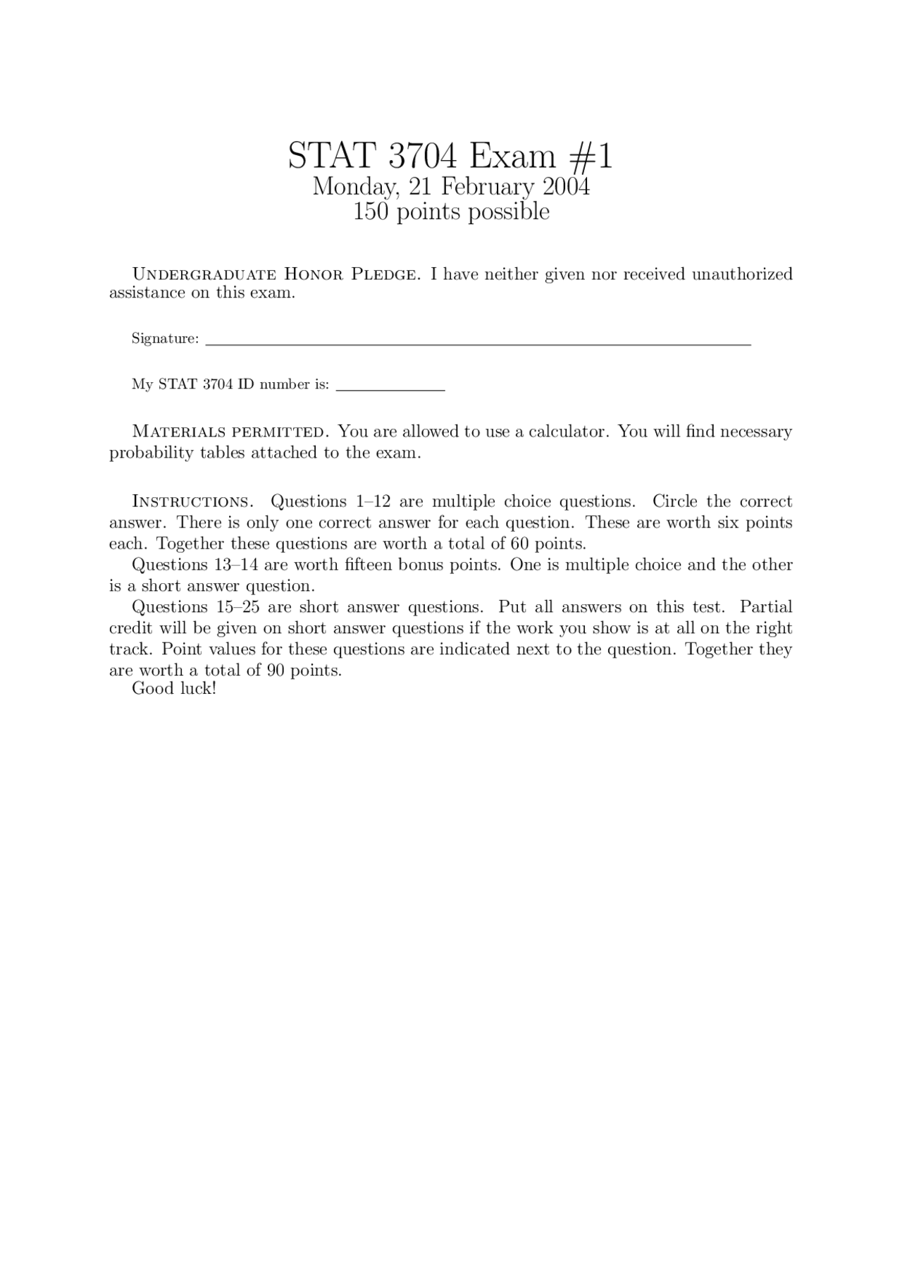 Sample Test Exam 1 For Statistics Stat 3704 Exams Statistics Docsity