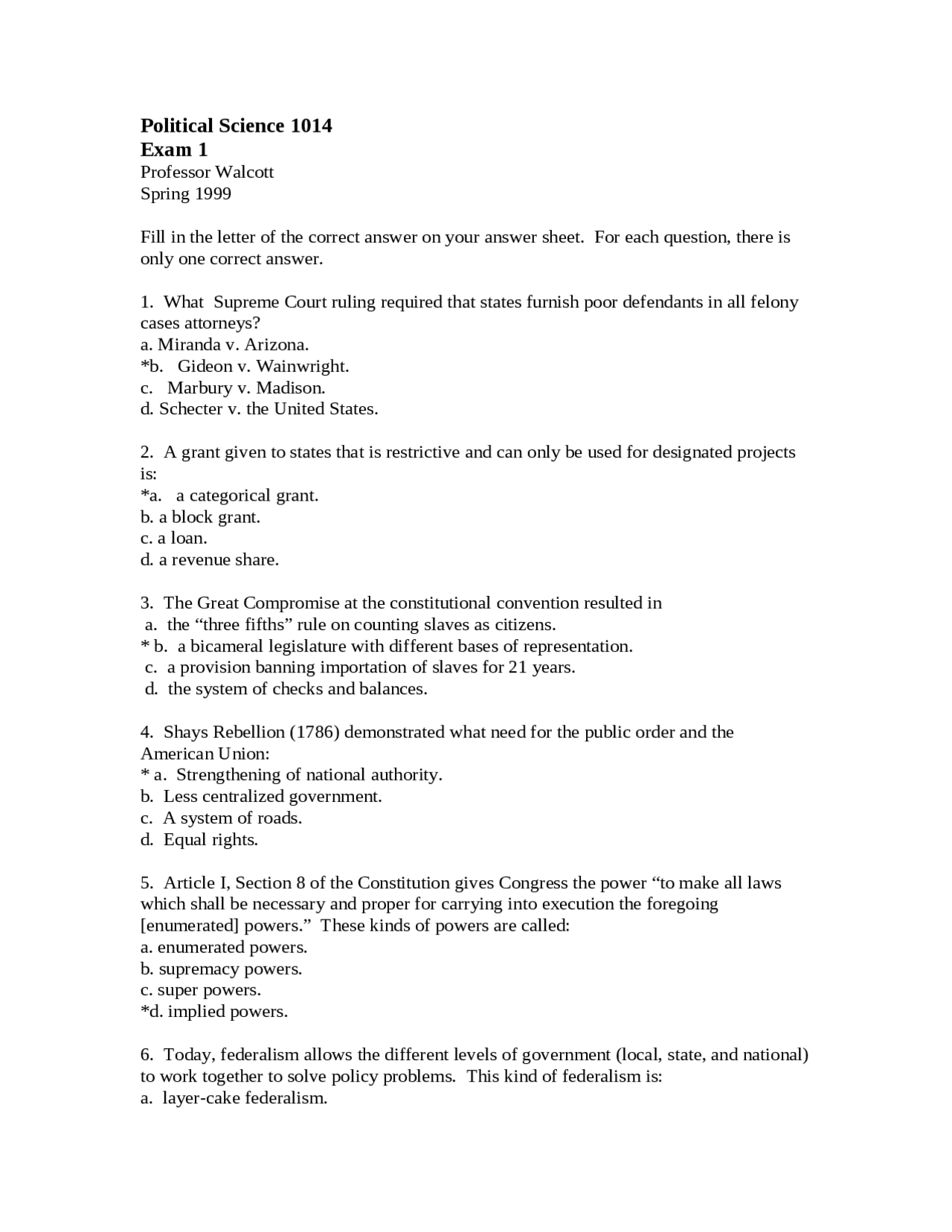 Test 1 Resolution Political Science Fall 1999 Psci 1014 Docsity