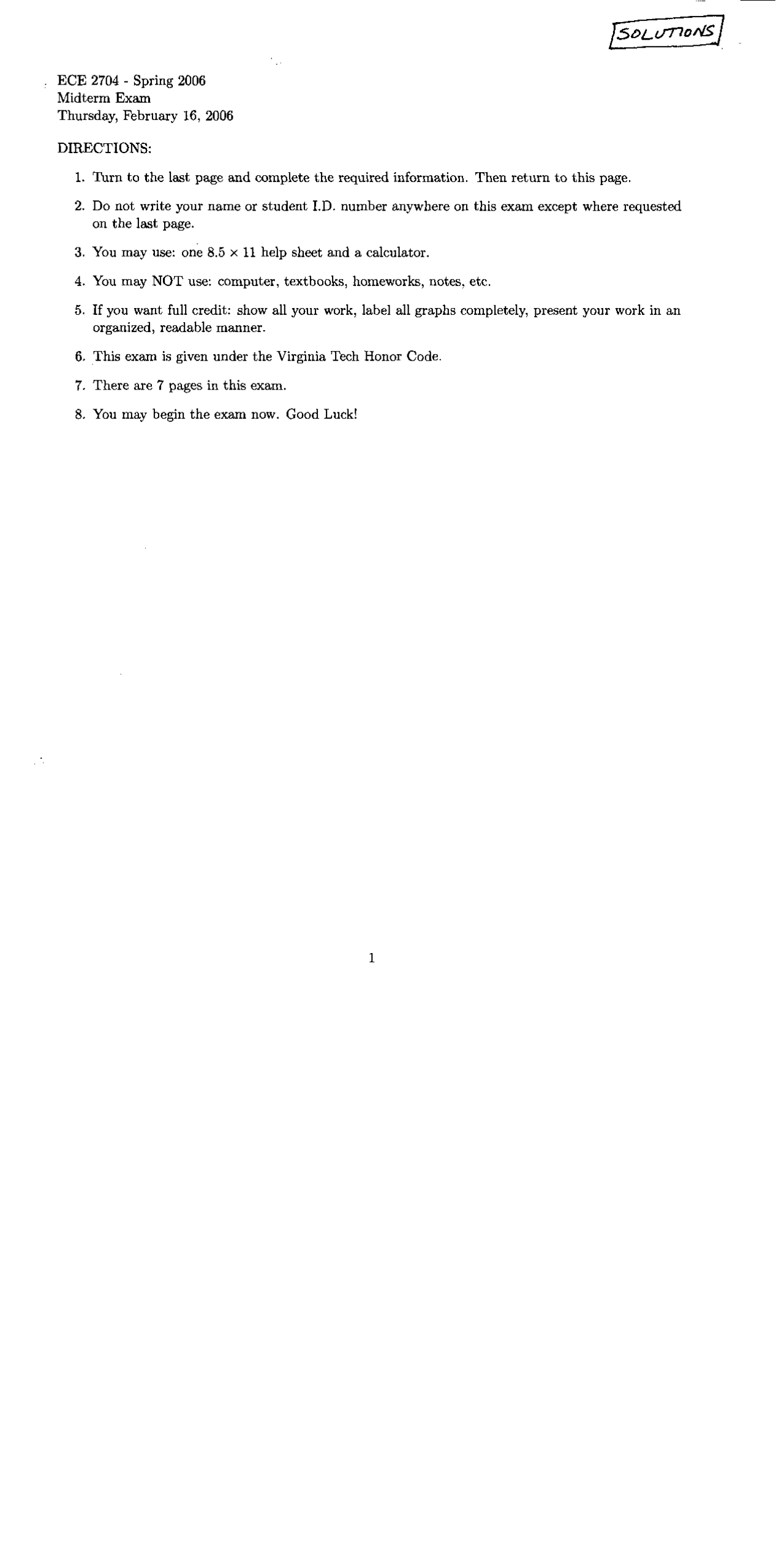 Exam 1 Solutions Signals And Systems Fall 2006 Ece 2704 Exams