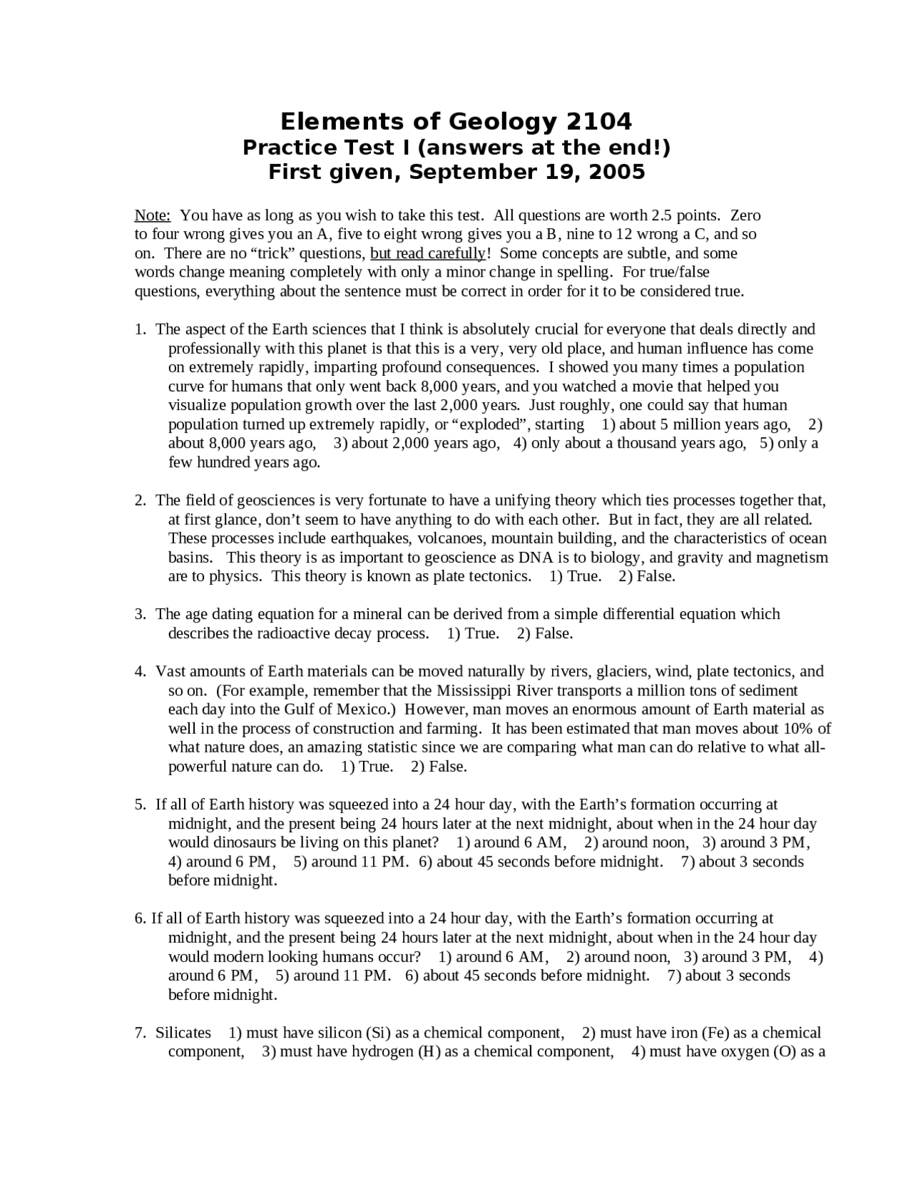 Practice Test for Test 1 - Elements of Geology | GEOS 2104 | Study ...