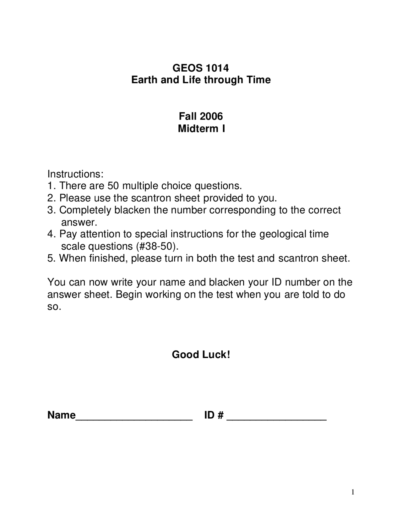 Midterm Exam 1 With Answers The Earth And Life Through Time Geos