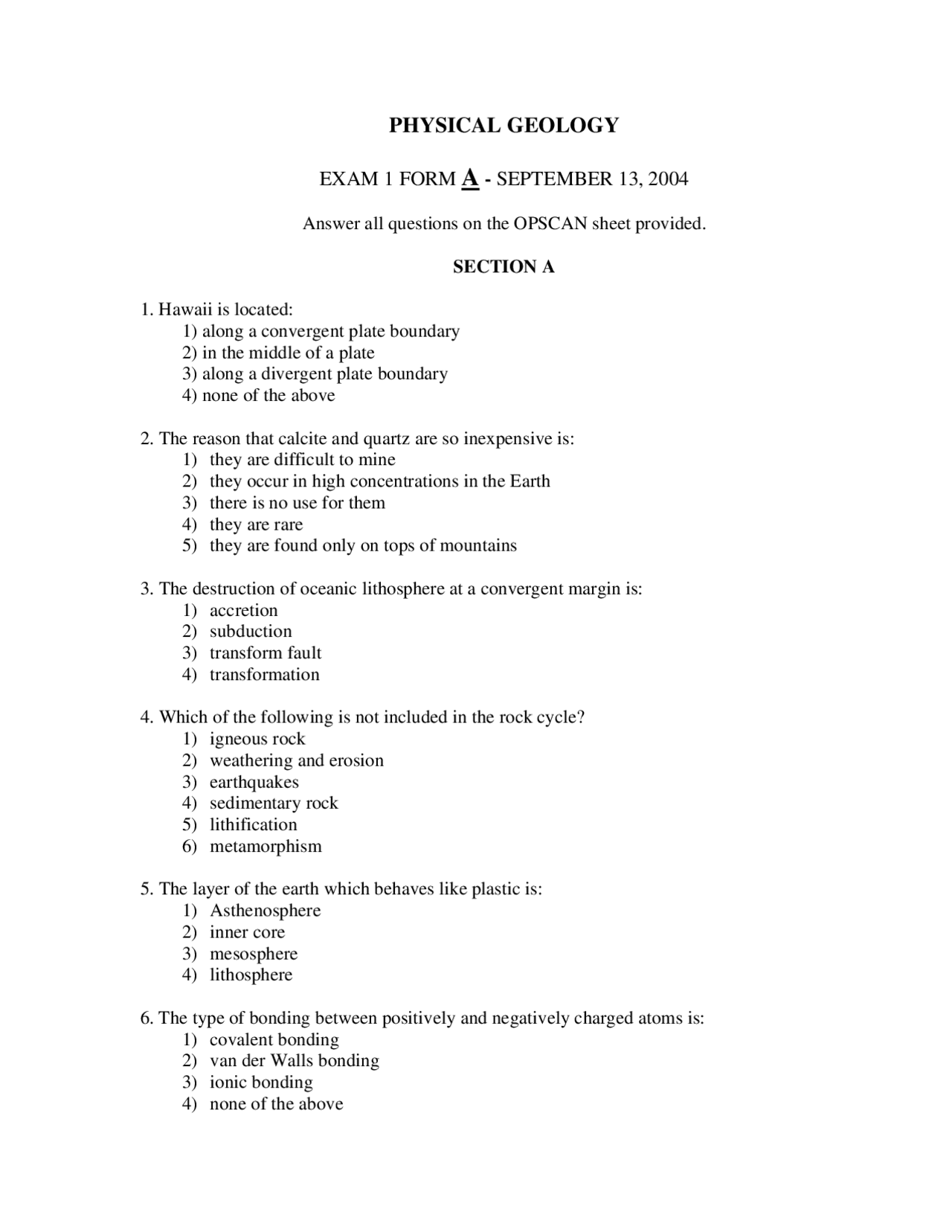 Exam 1 Foam A For Physical Geology Geos 1004 Exams Geology Docsity