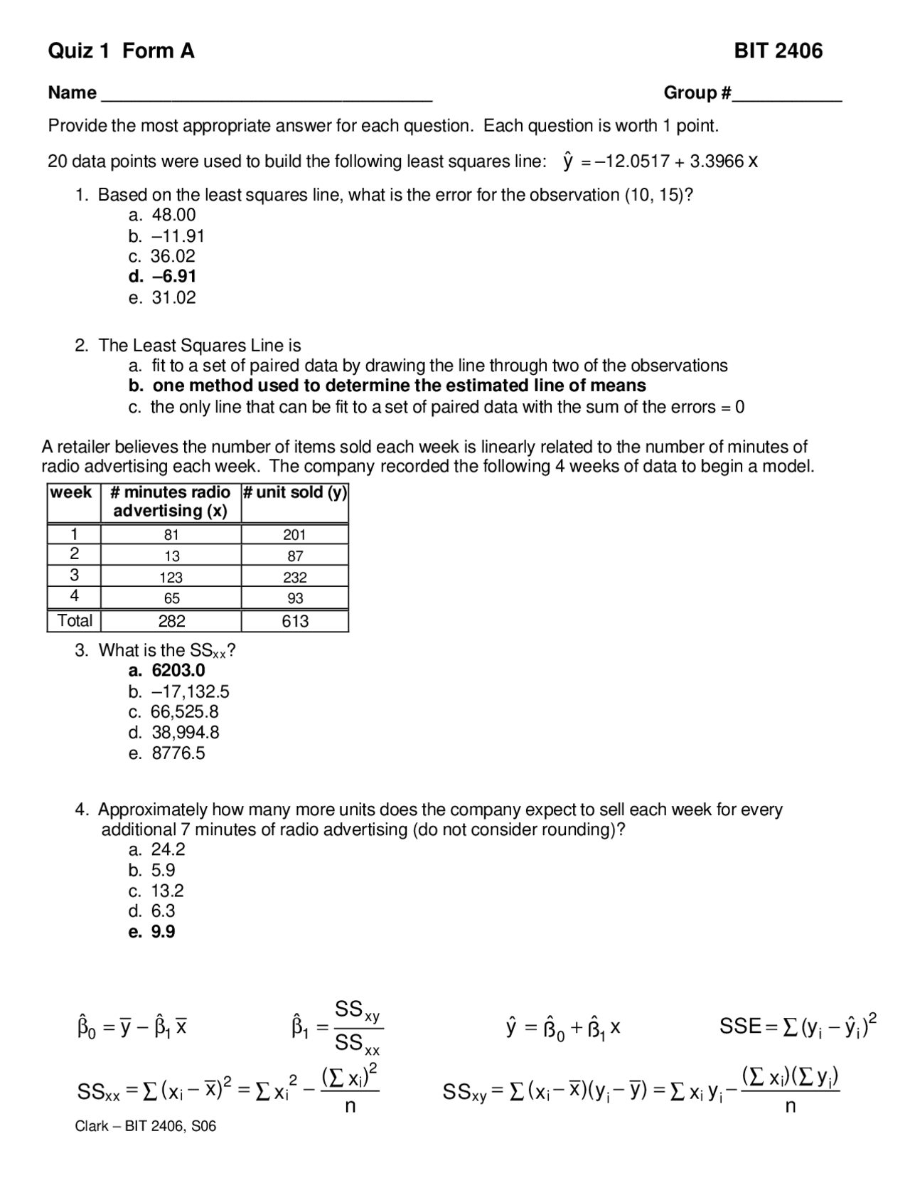 Least Squares Line - Solved Quiz | BIT 2406 - Docsity