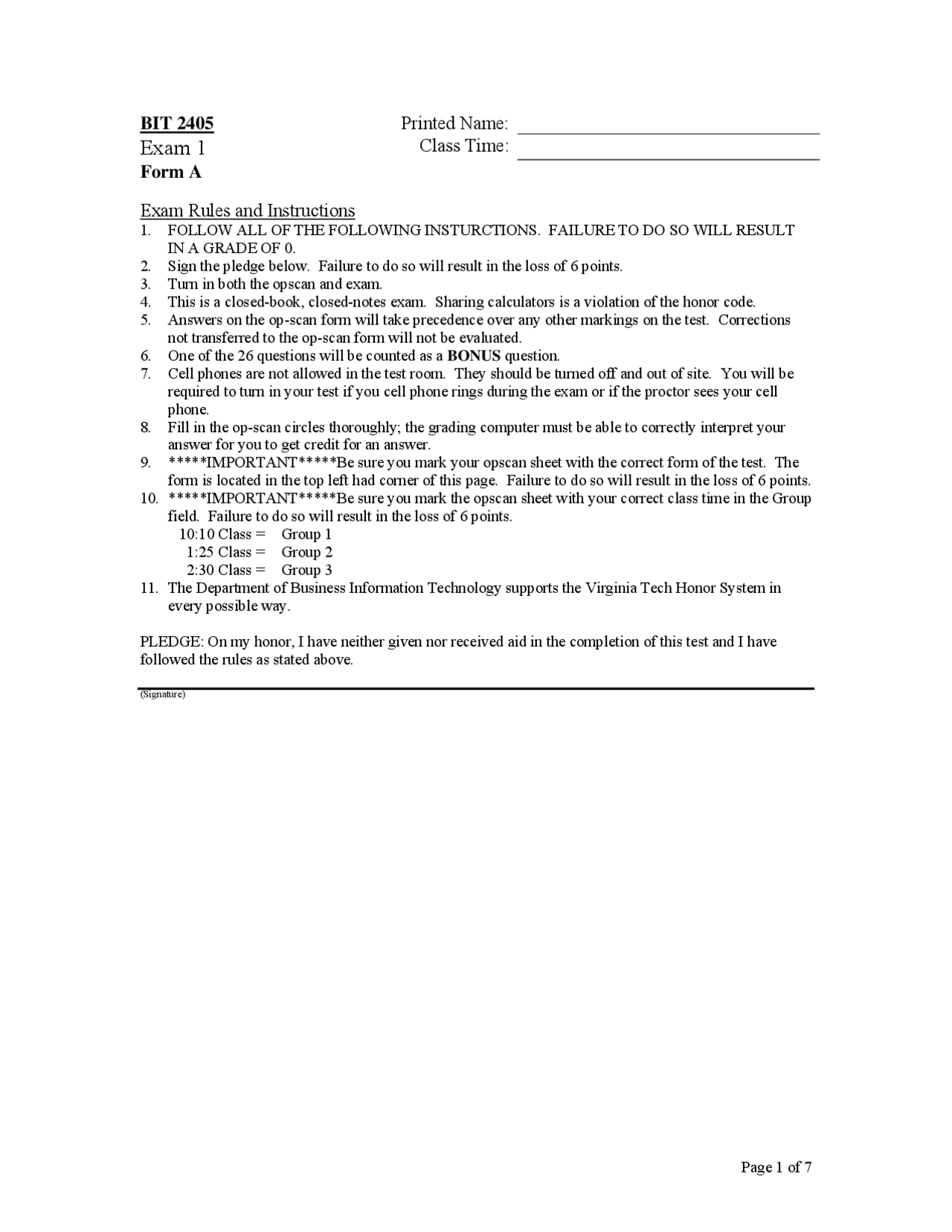 Exam 1a With Answer Key Quantitative Methods Bit 2405 Docsity
