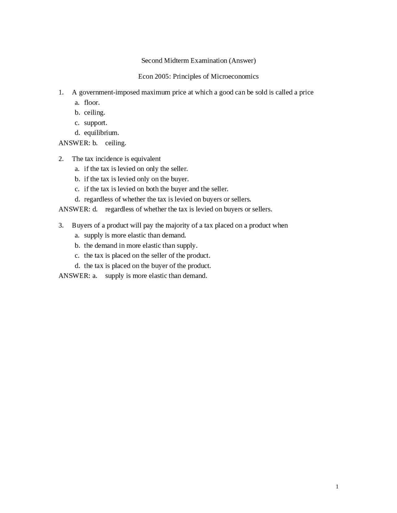Midterm Exam With Answers For Principles Of Economics Econ 2005 Docsity