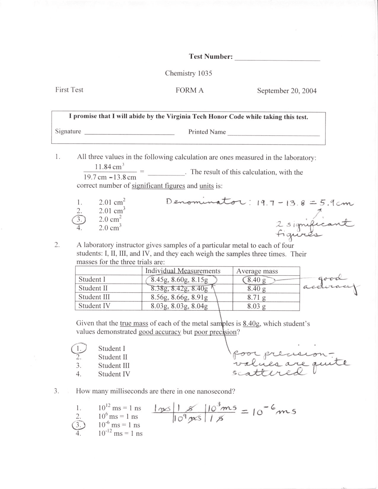 General Chemistry - Exam 1A with Answer Key | CHEM 1035 - Docsity