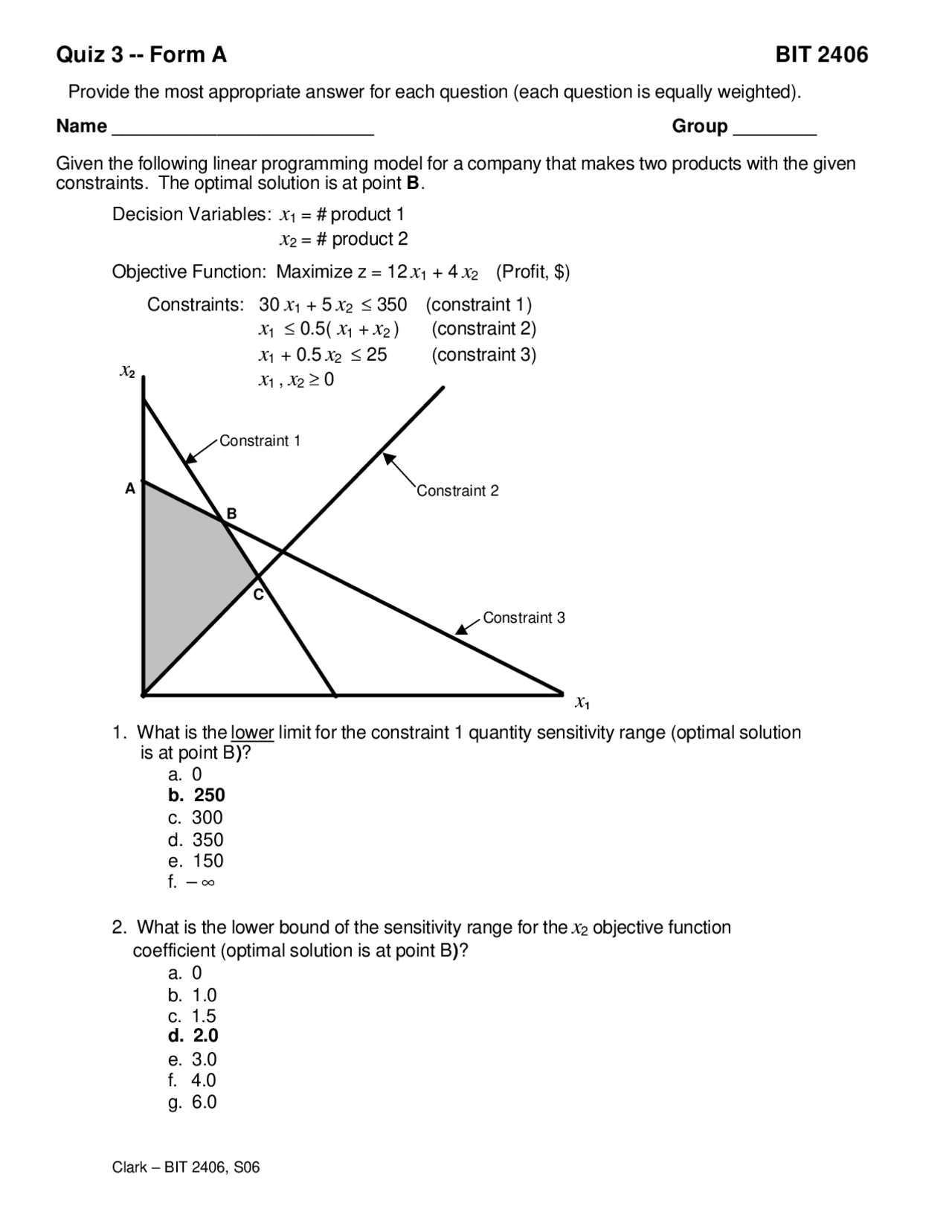 Quiz 3 Form A Quantitative Methods Bit 2406 Docsity
