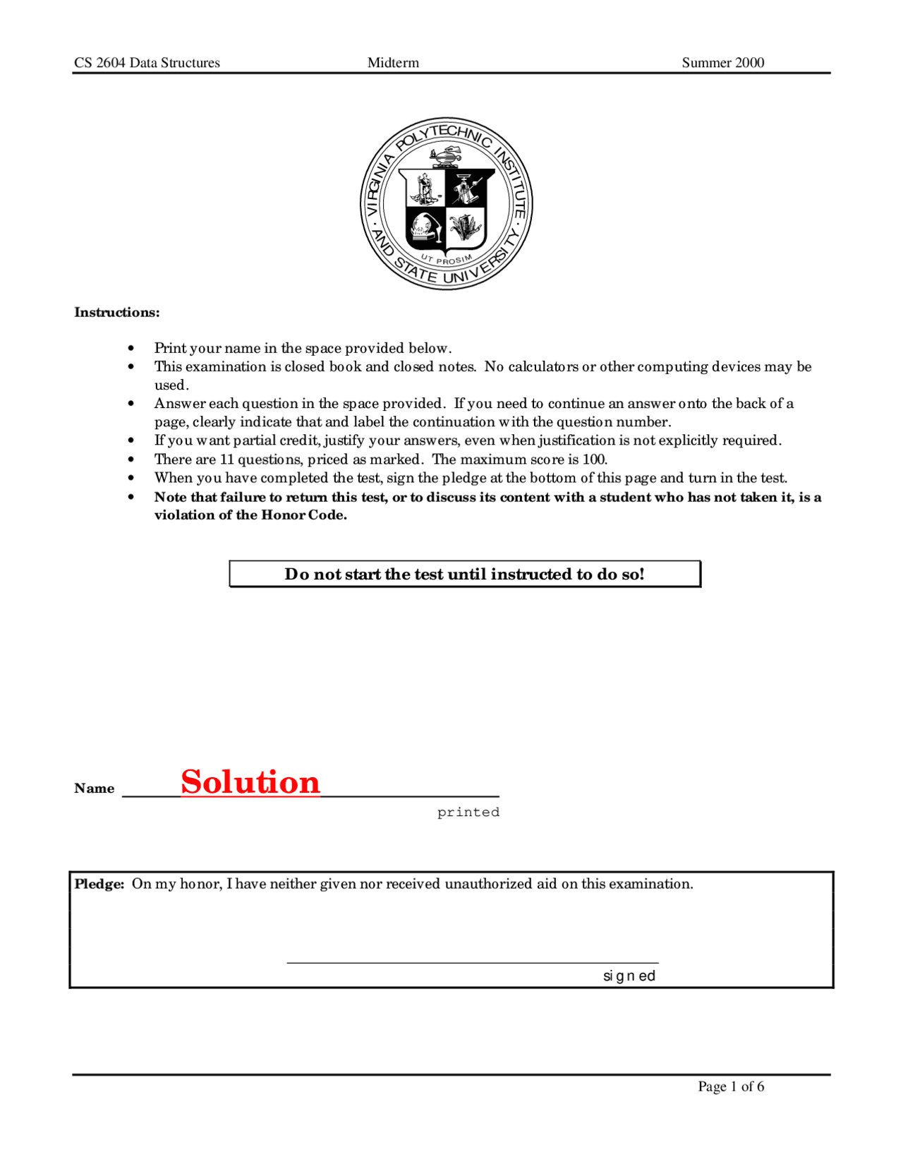 Midterm With Answers Data Structures And File Management Cs 2604 Exams Computer Science