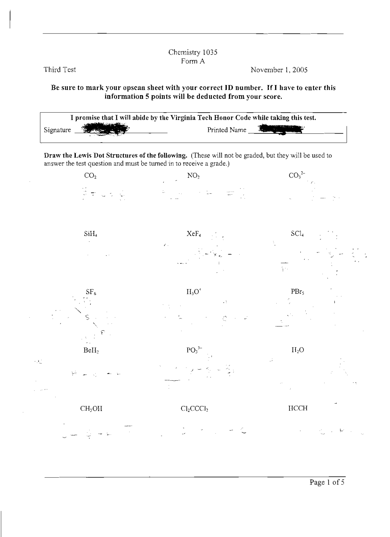 Chemistry formulas exercises to develop, Nov. 2005 | CHEM 1035 - Docsity