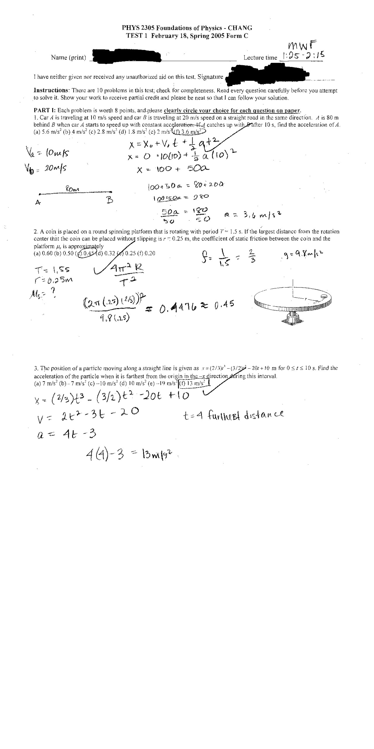 Solutions For Test I Foundations Of Physics I Phys 2305 Docsity