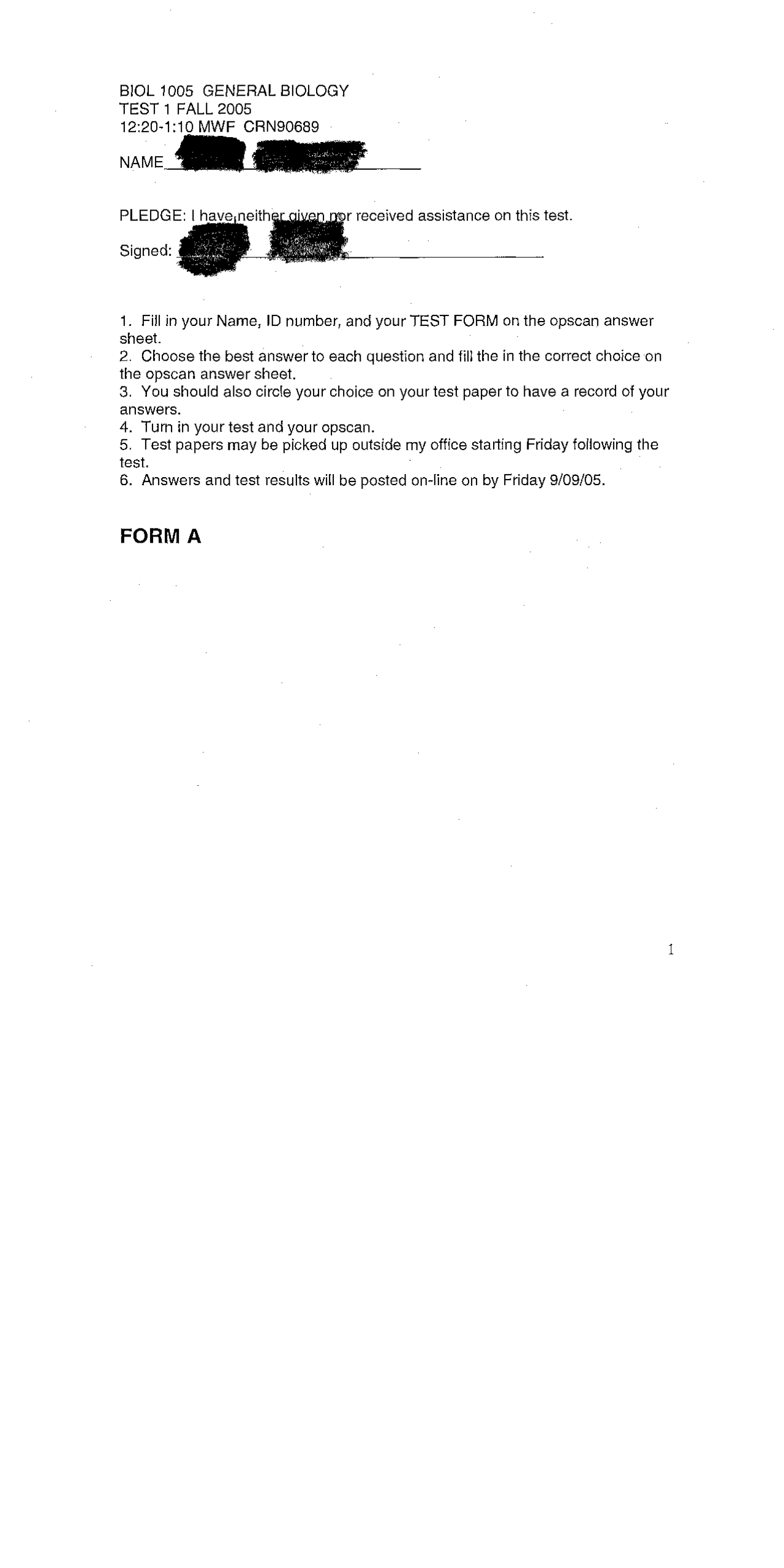 Test 1 Solutions For General Biology Biol 1005 Docsity