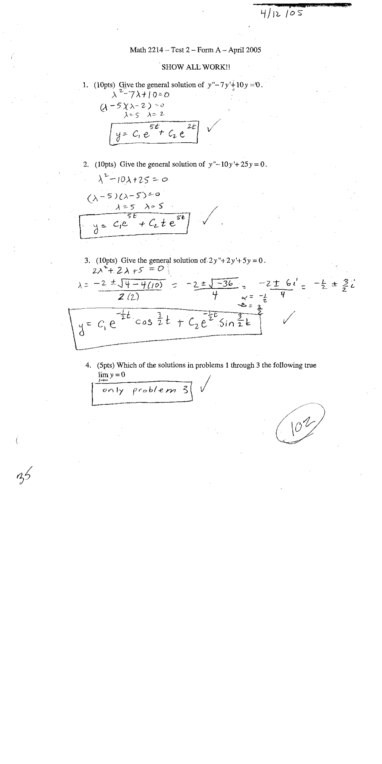 Introduction Of Differential Equations Solved Exam Form A Math 2214