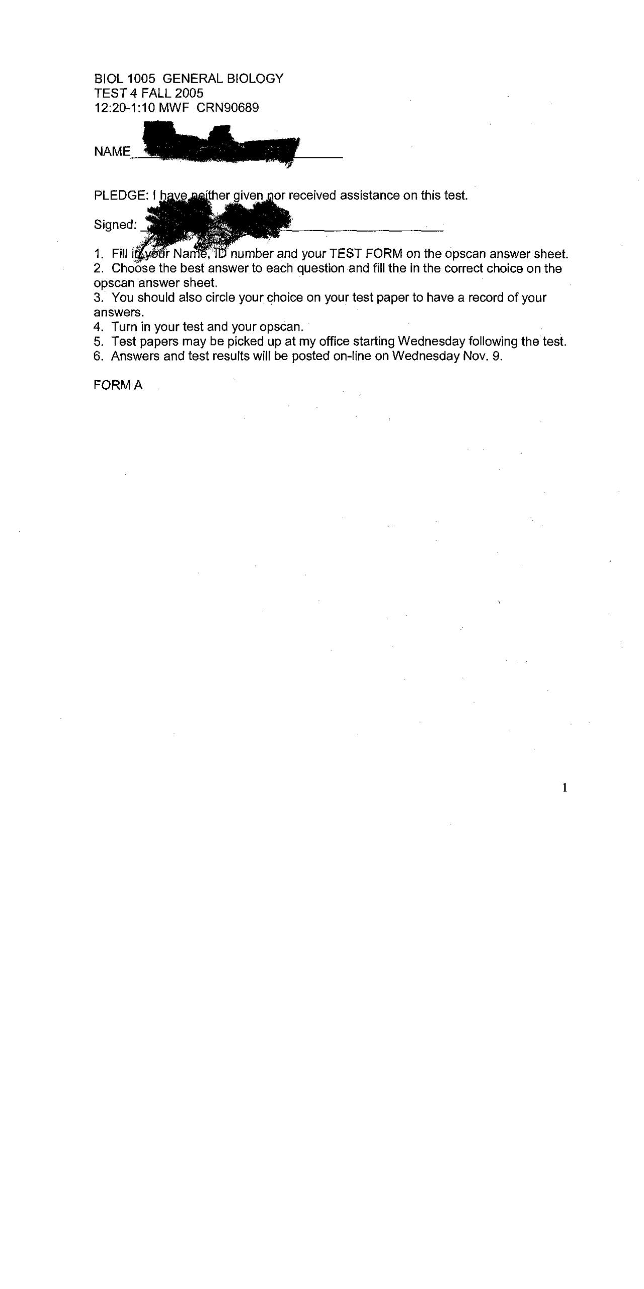General Biology Test 4 Solutions Fall 2005 Biol 1005 Docsity