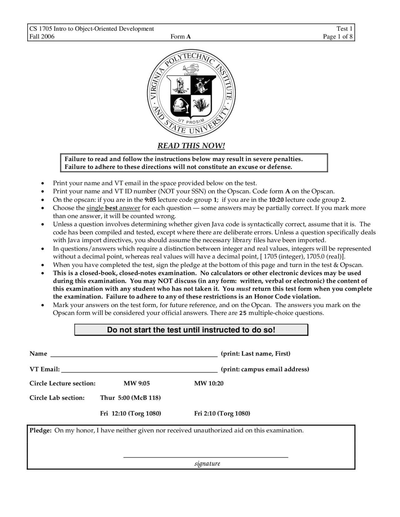 Exam For Introduction To Object Oriented Development Cs 1705 Docsity