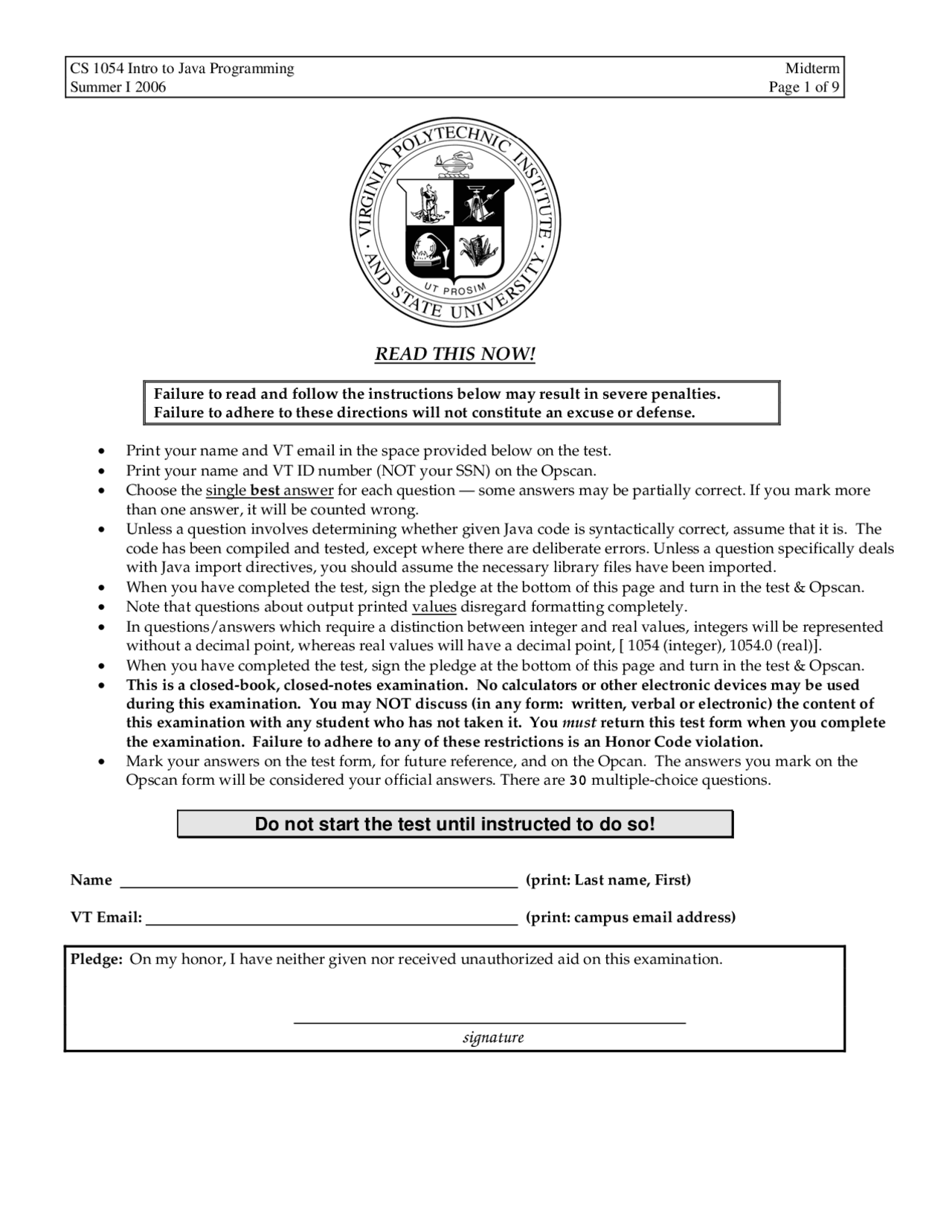 Midterm Exam 1 For Introduction To Java Programming Cs 1054 Docsity 7909