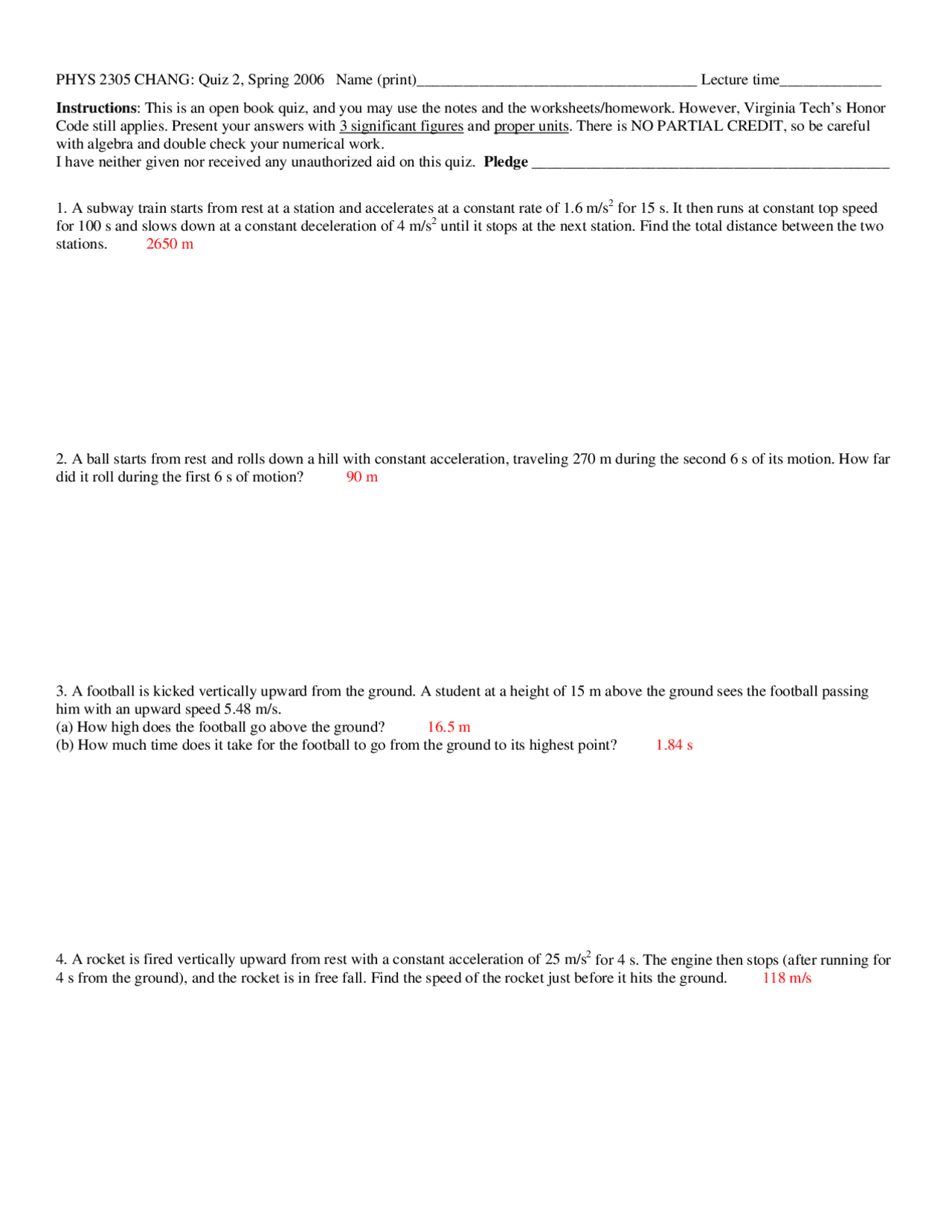 PHYS 2305 Quiz 2: Spring 2006 - Distance, Motion, and Gravity - Prof. Tsu S. Chang | Quizzes ...