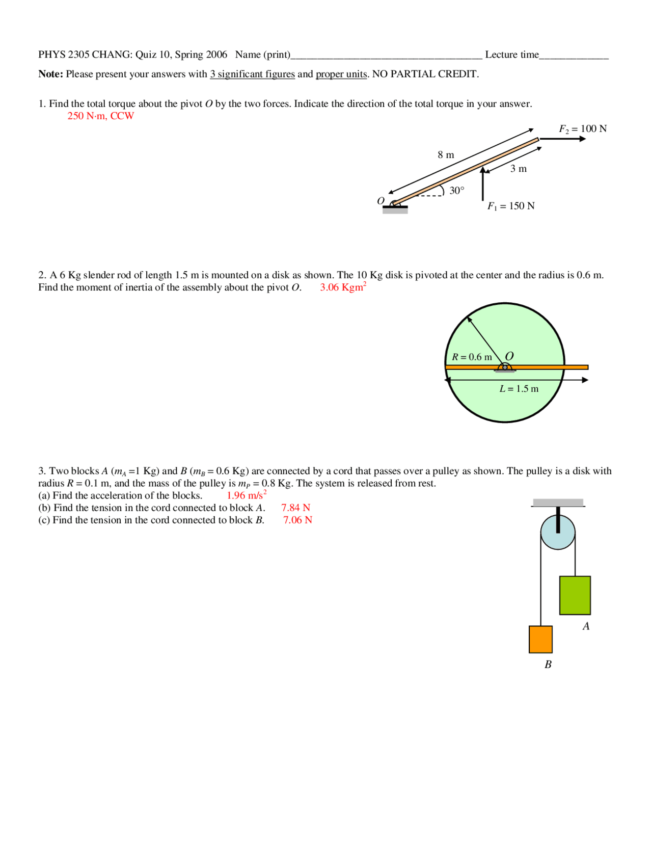 Determining Total Torque, Moment of Inertia, Tension in Pulley | PHYS 2305 - Docsity