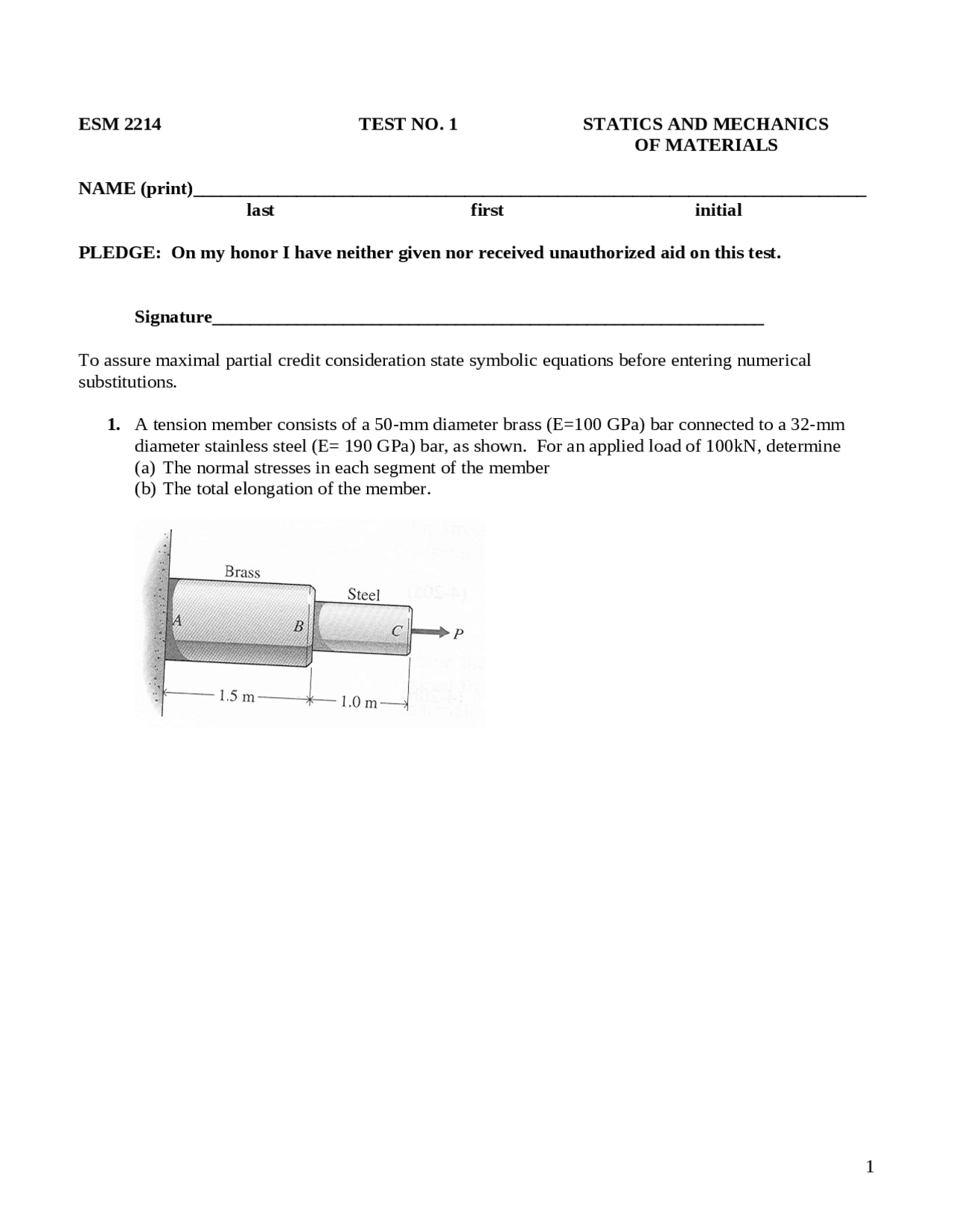 Statics and Mechanics of Materials Test 1 | ESM 2214 - Docsity