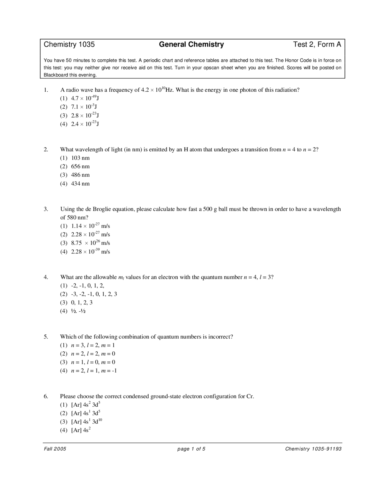 Practice Exam 2 Form A - General Chemistry | CHEM 1035 - Docsity