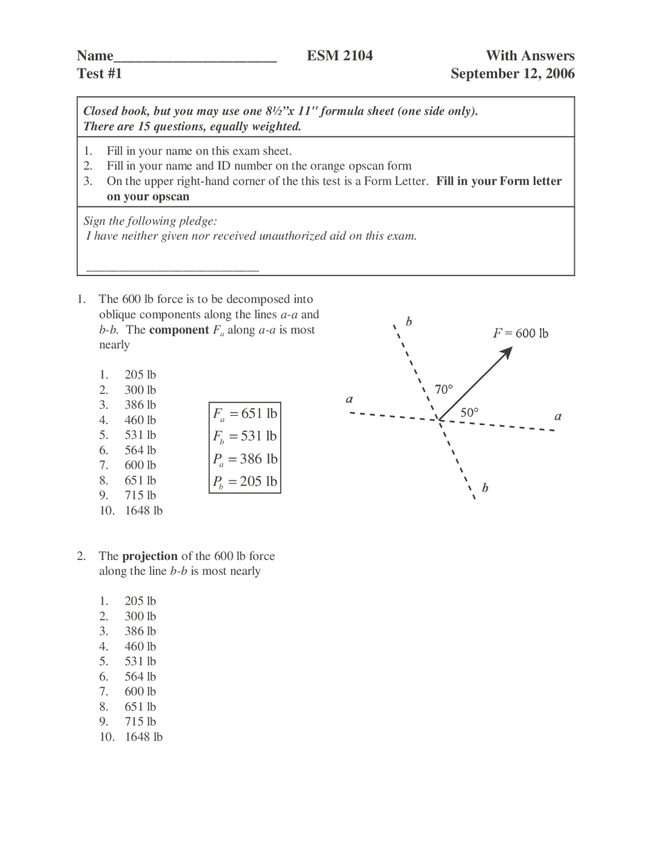 Test 1 With Answers Statics Fall 2006 Esm 2104 Docsity