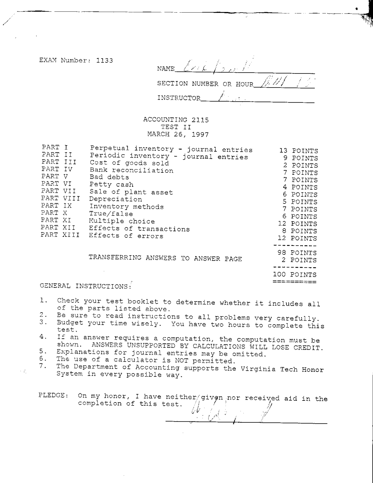 Problems With Solutions Principles Of Accounting Examination 2