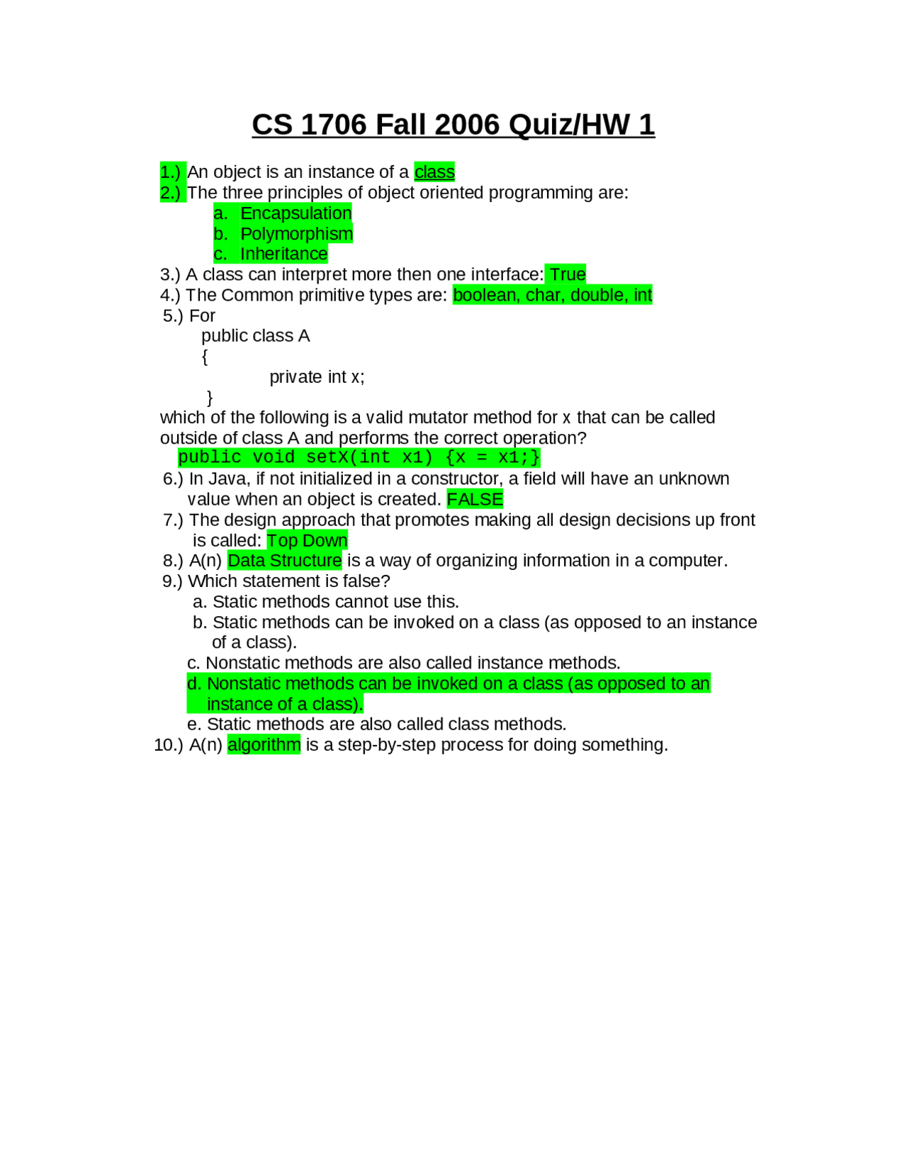 Solved Quiz For Introduction To Object Oriented Development Cs 1706 Docsity