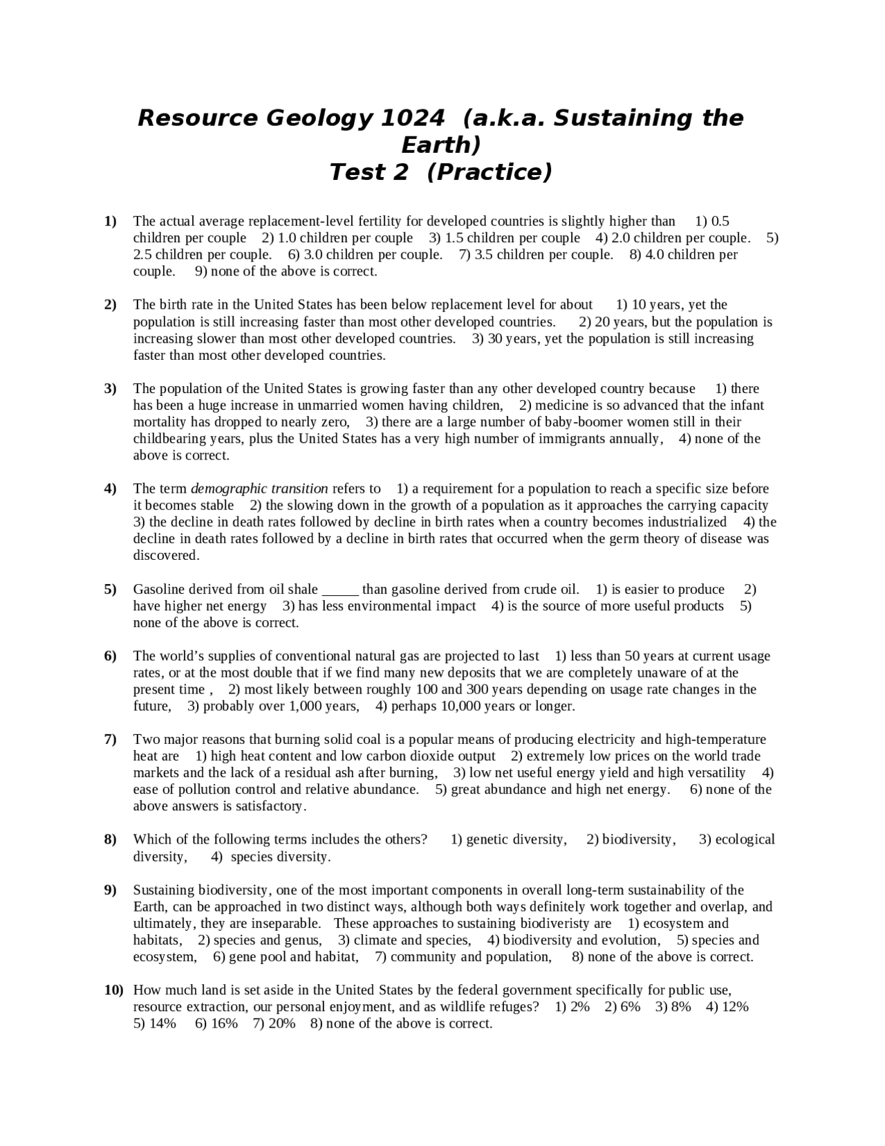 Practice For Test 2 Resources Geology Geos 1024 Docsity