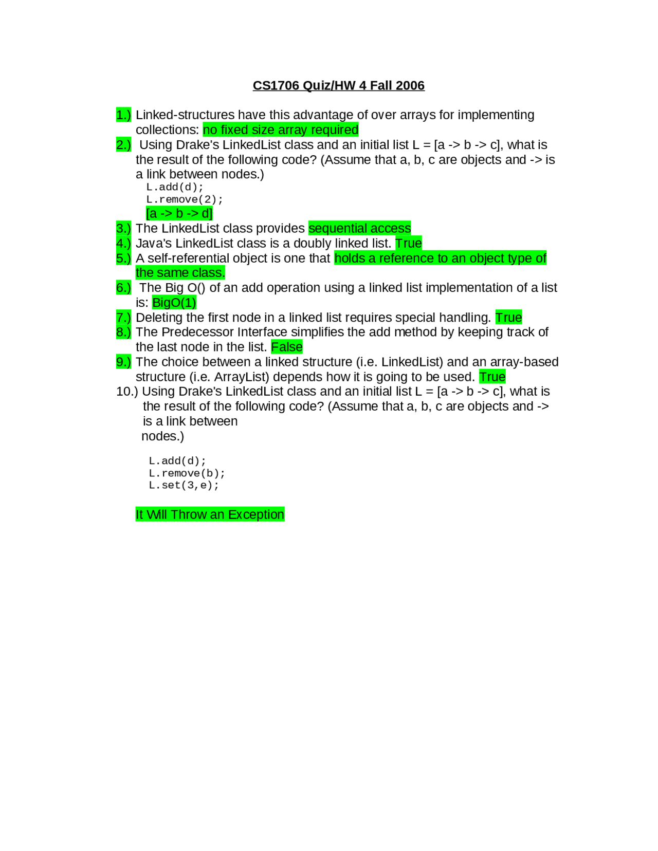 Online Quiz With Answers Introduction Object Oriented Development Cs 1706 Docsity