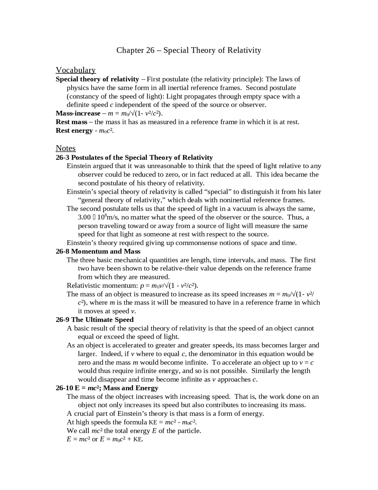 Notes on Special Theory of Relativity | PHYS 2205 - Docsity