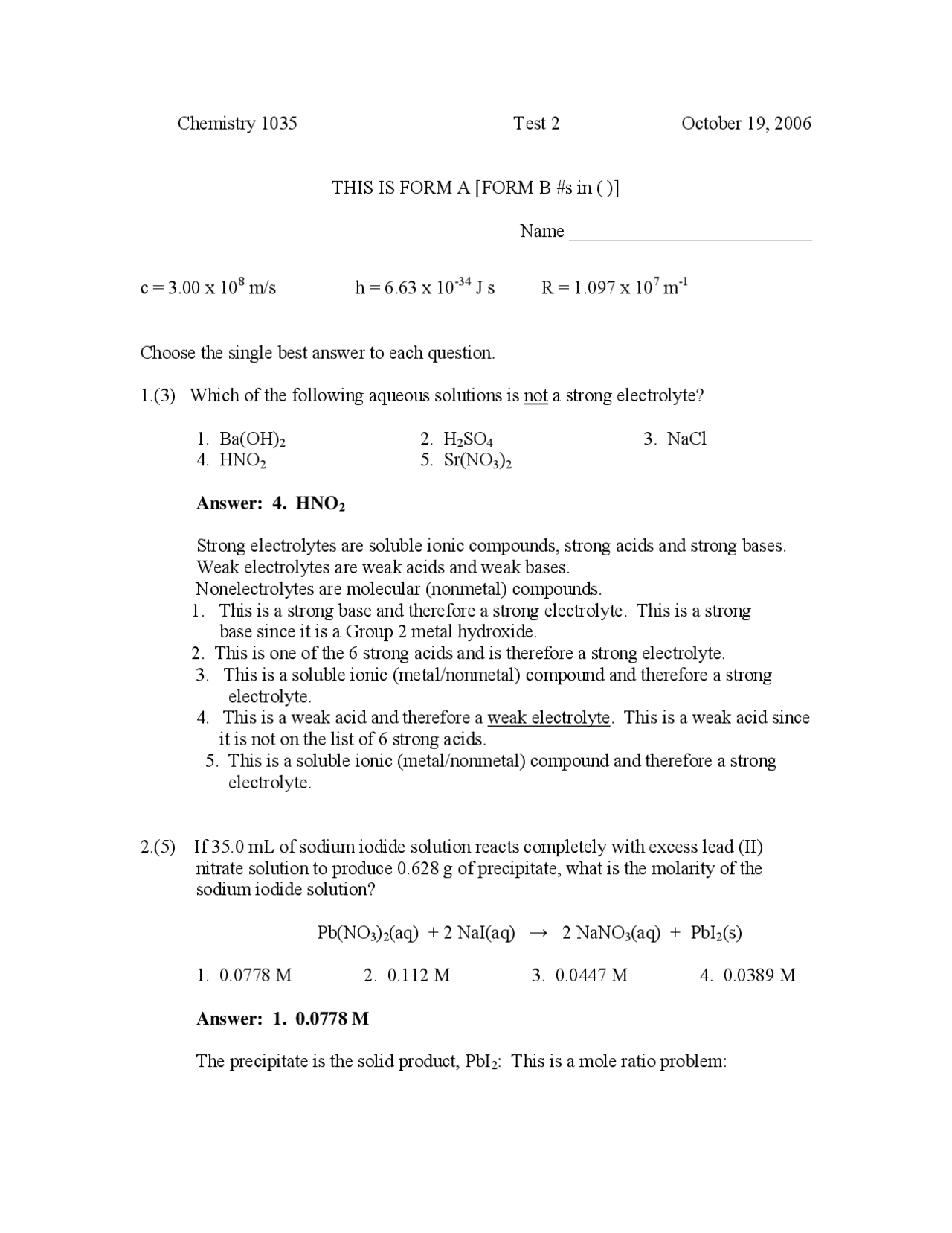 Solved Questions for Practice Test 2 - General Chemistry | CHEM 1035 ...