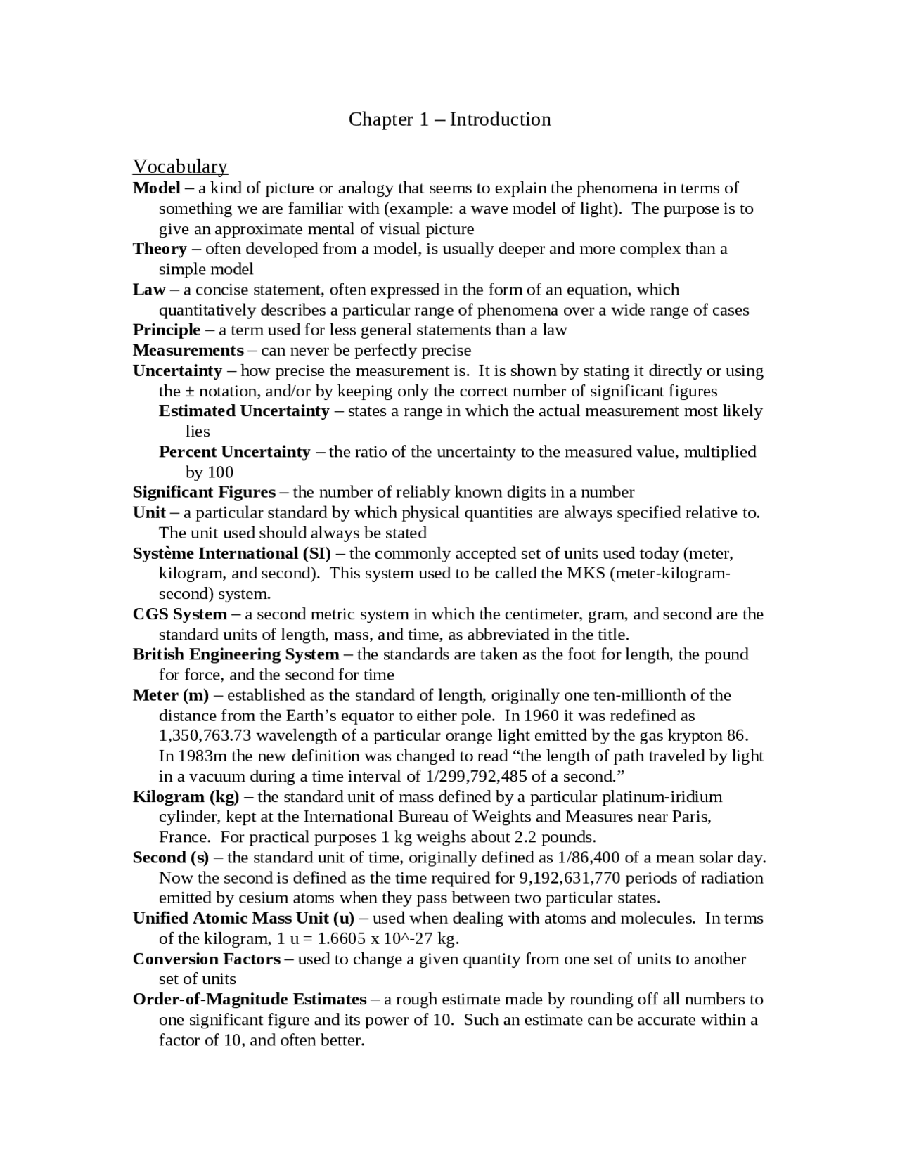 Chapter 1, Notes on General Physics | PHYS 2205 - Docsity