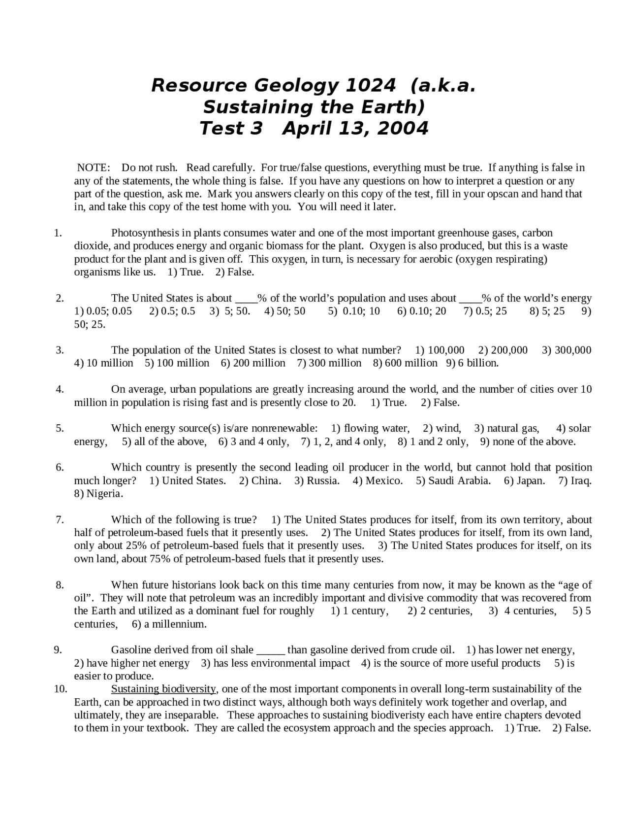 Test Resource Geology 49 Multi Choice Questions Geos 1024 Docsity