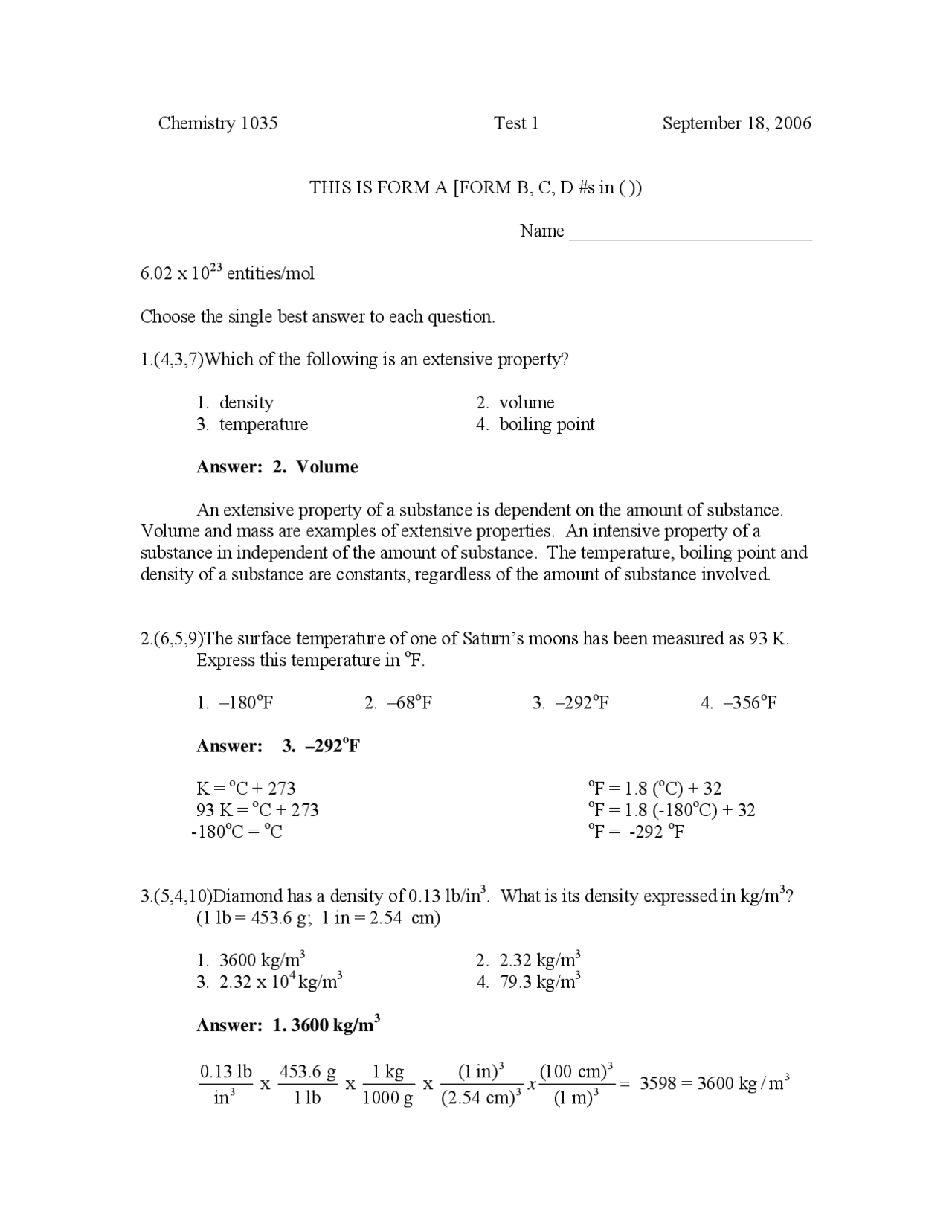 Practice Solved Questions For Exam 1 General Chemistry Chem 1035