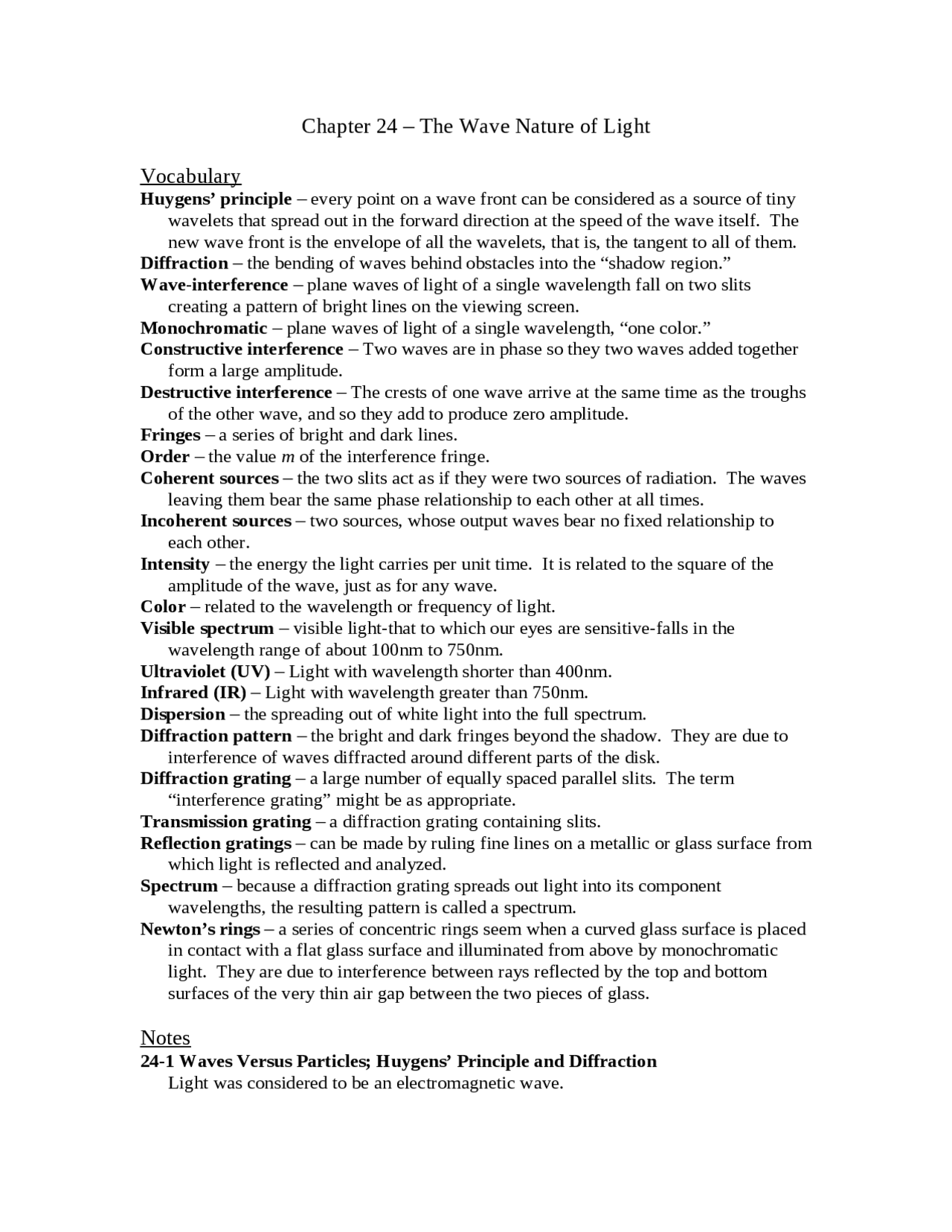 Notes On The Wave Nature Of Light Vocabulary Phys 2205 Docsity